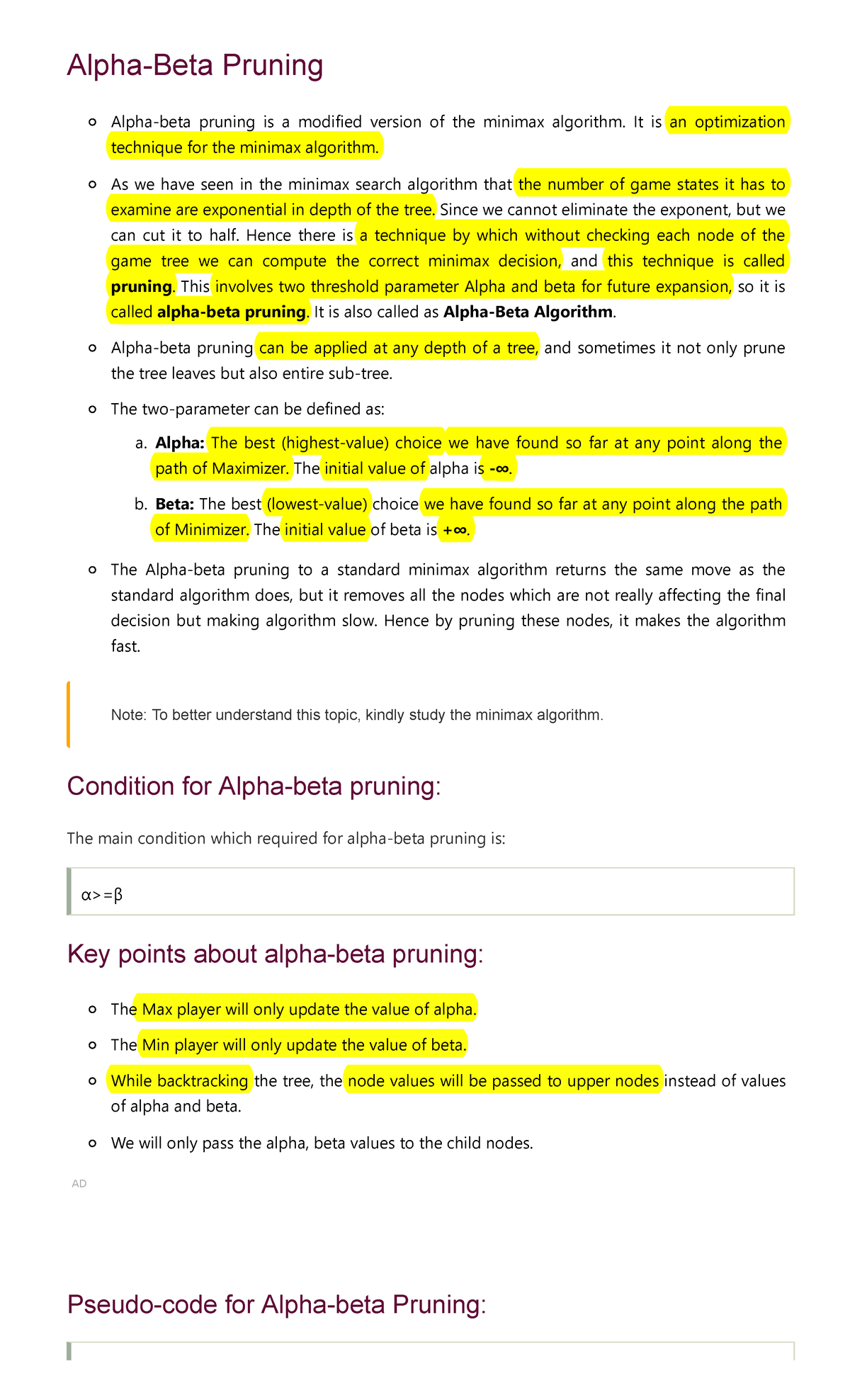 Alpha-Beta Pruning Overview: Optimizing Minimax Algorithm - Studocu