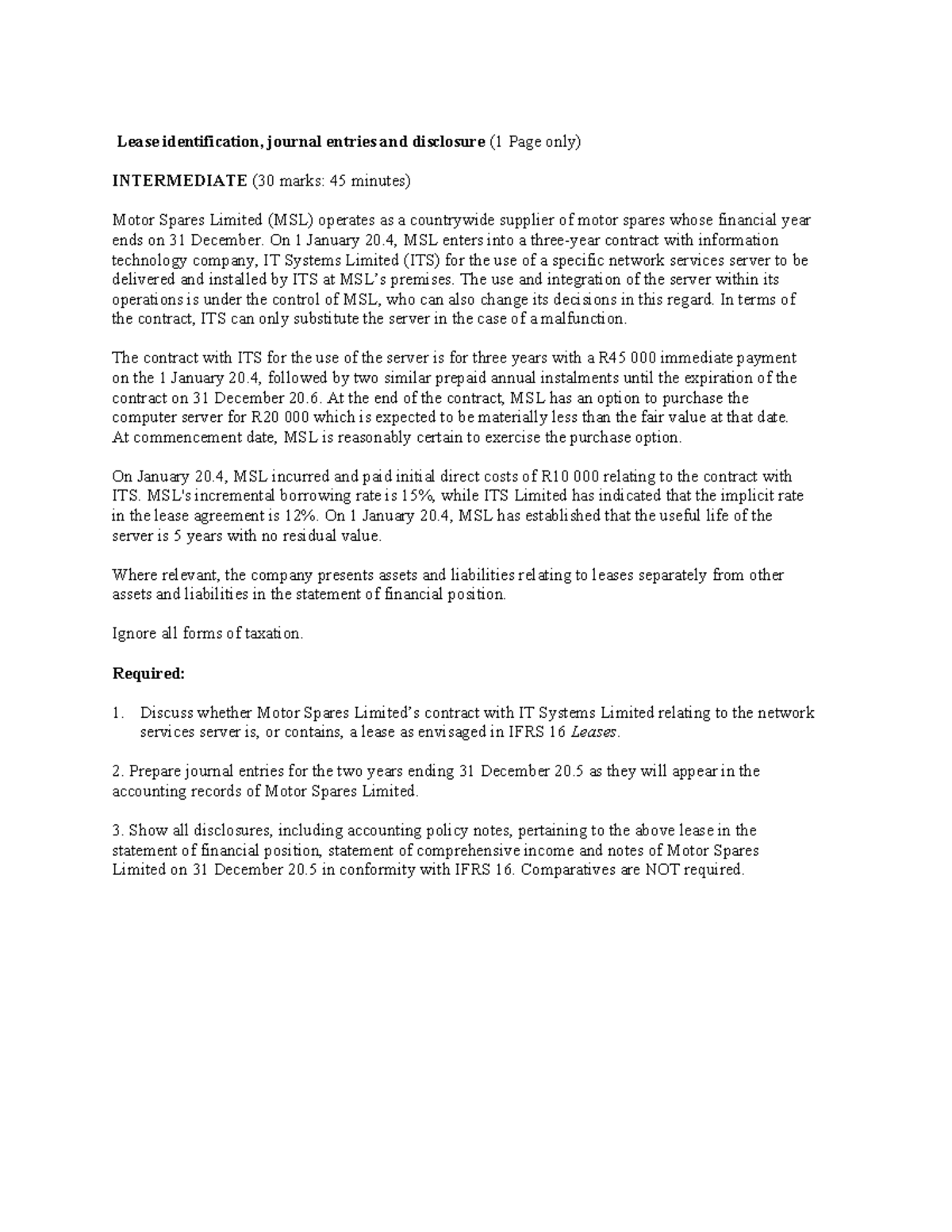 Lease Identification & Journal Entries for MSL (INTERMEDIATE 30 Marks ...