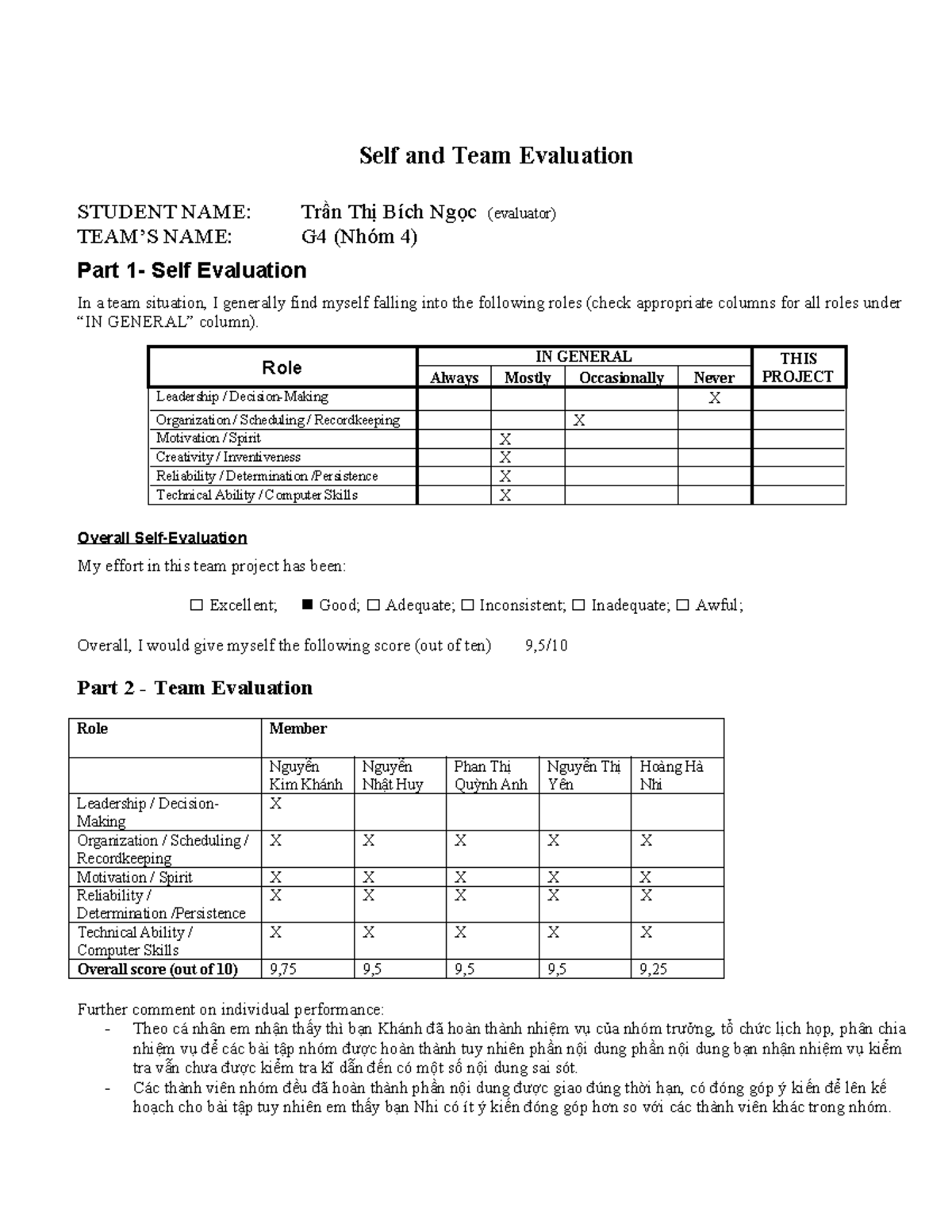 Self and Team Evaluation - G4 - 2025 Individual Evaluation Form - Studocu