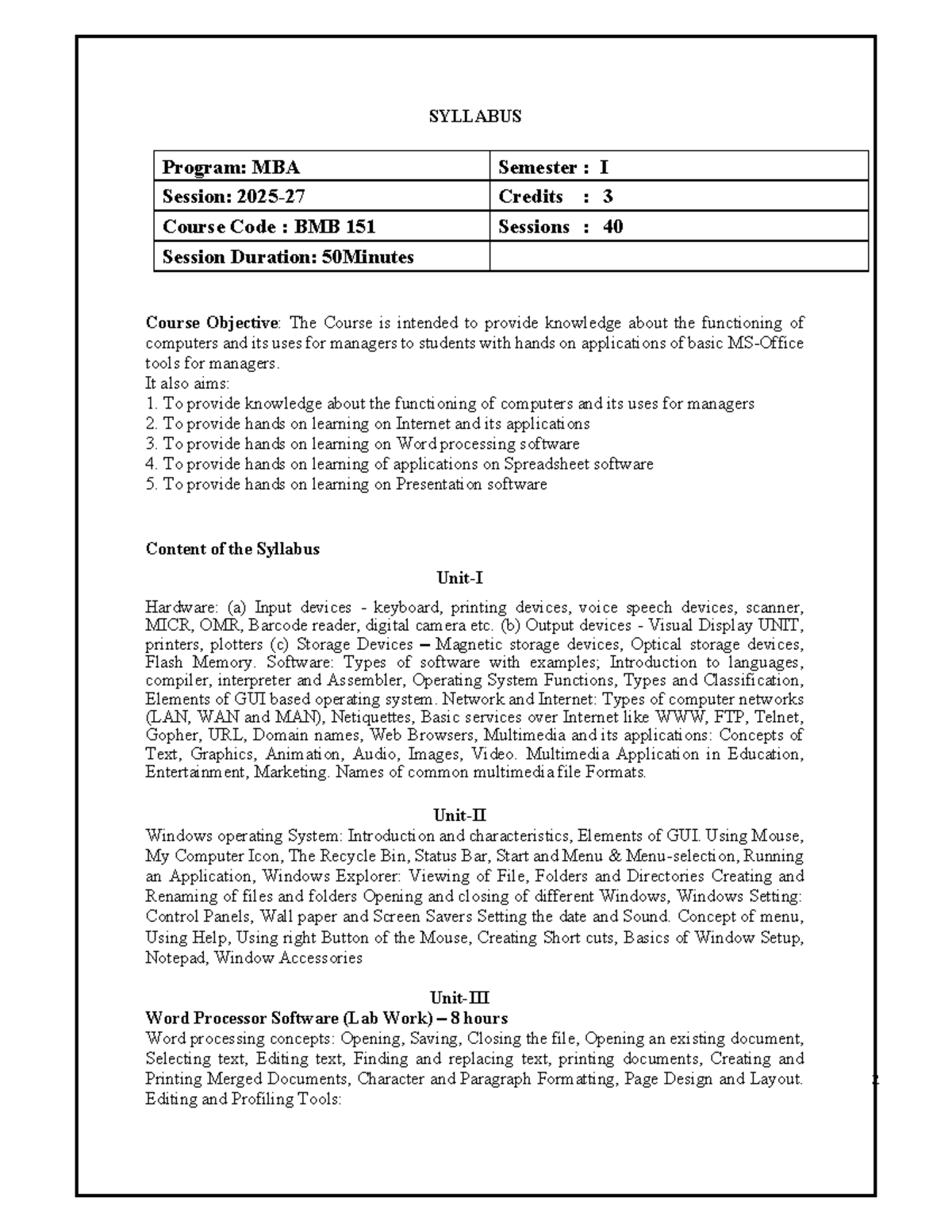 IT Skills Practical File: BMB 151 - MBA Semester I (2025-27) - Studocu