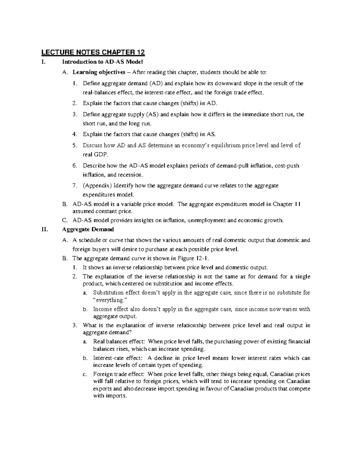 LECTURE NOTES MACRO ECONOMICS CHAPTER 12: AGGREGATE DEMAND & SUPPLY ...