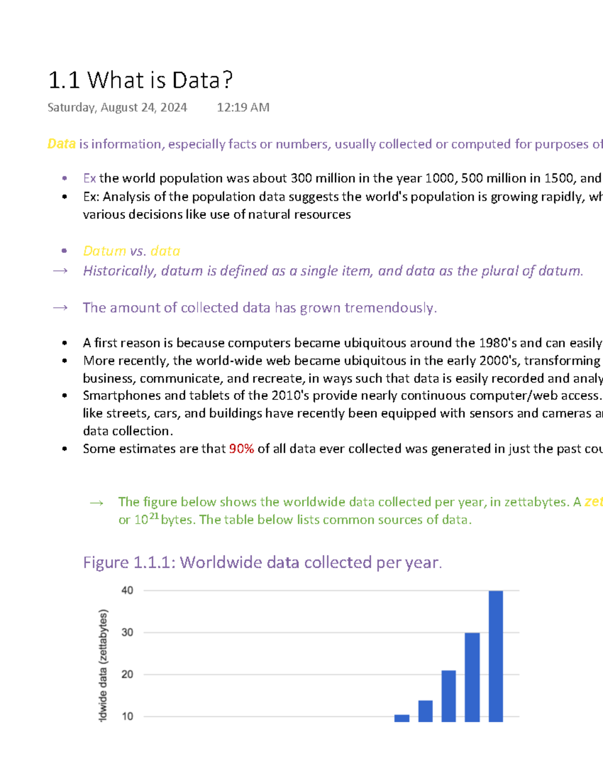 Mat 243 Zybooks Chapter 1.1 Notes - Data is information, especially ...