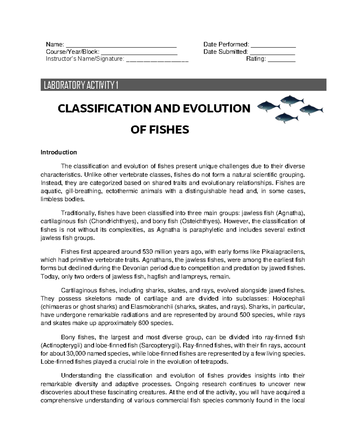 LAB 1: Classification and Evolution of Fishes - Comprehensive Guide ...