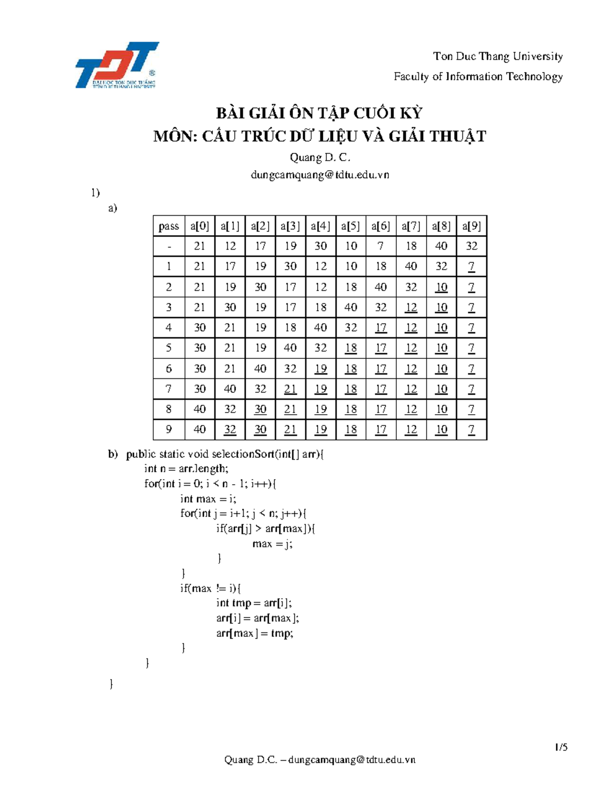 Ton Duc Thang University IT Final Exam Review: Data Structures ...