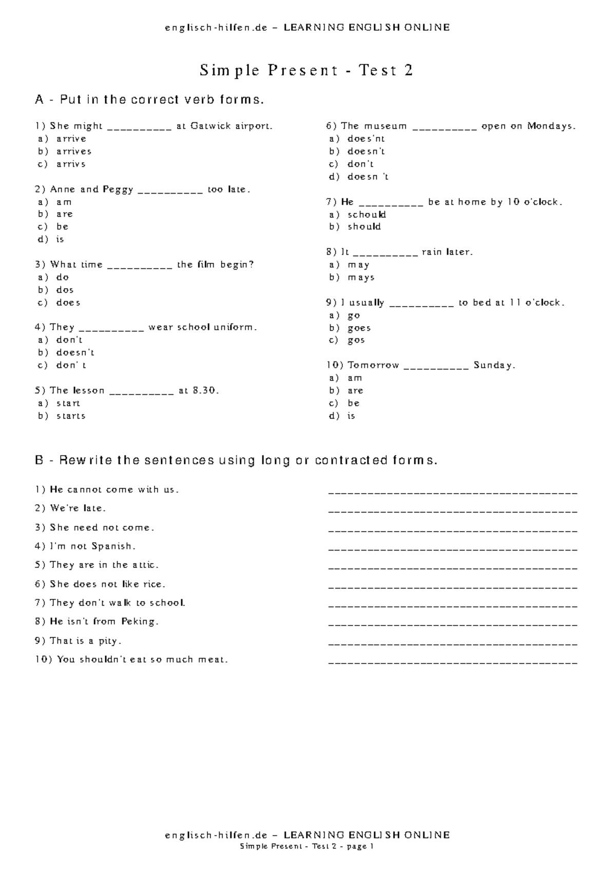 LEARNING ENGLISH ONLINE Simple Present Test 2 - Grade 6 - Studocu