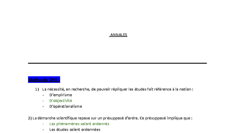 Annales S1 Corrigées : Méthodes de Recherche en SHS et Validité des ...