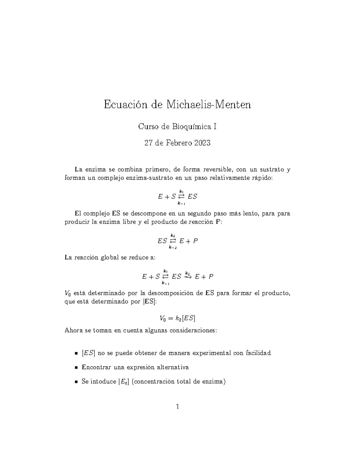 Michaelis-Menten - Ecuación de Michaelis-Menten Curso de Bioquímica I ...