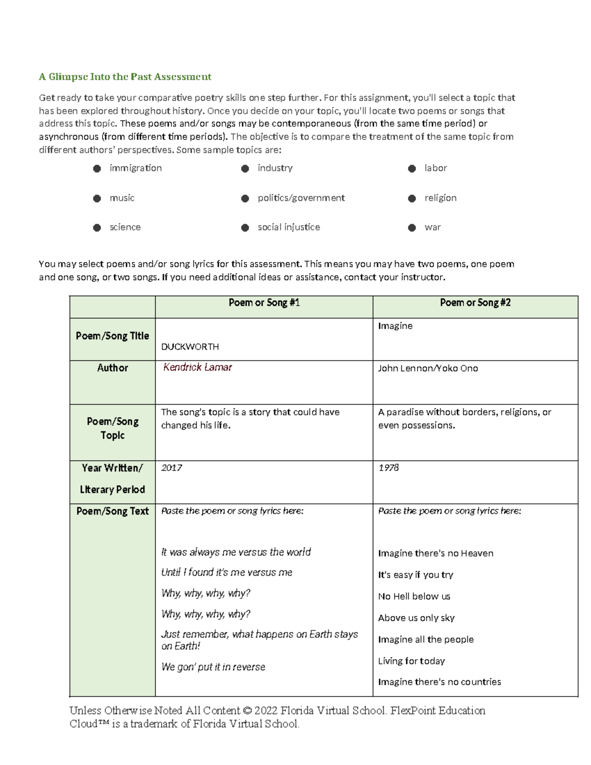 Comparative Poetry Assessment (ENG 201): A Glimpse Into History - Studocu