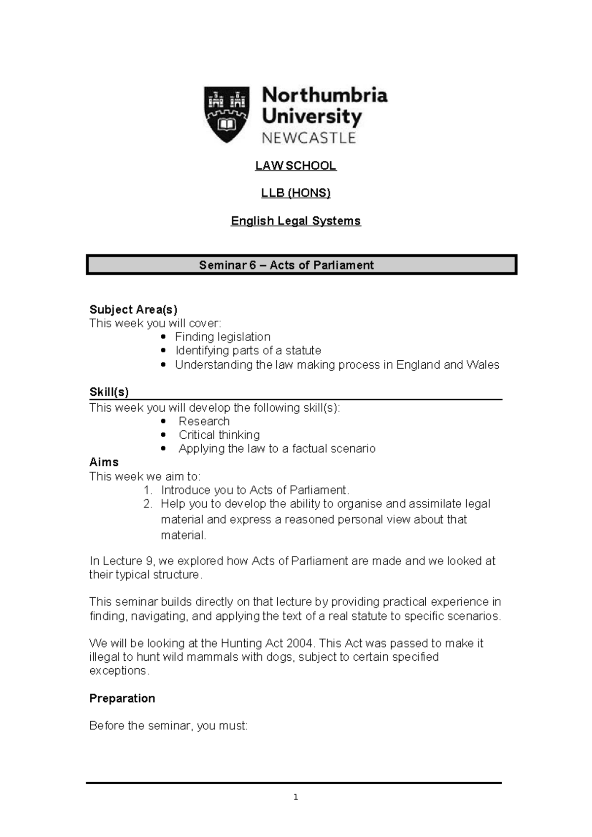 LAW SCHOOL LLB (HONS) Seminar 6: Understanding the Hunting Act 2004 ...