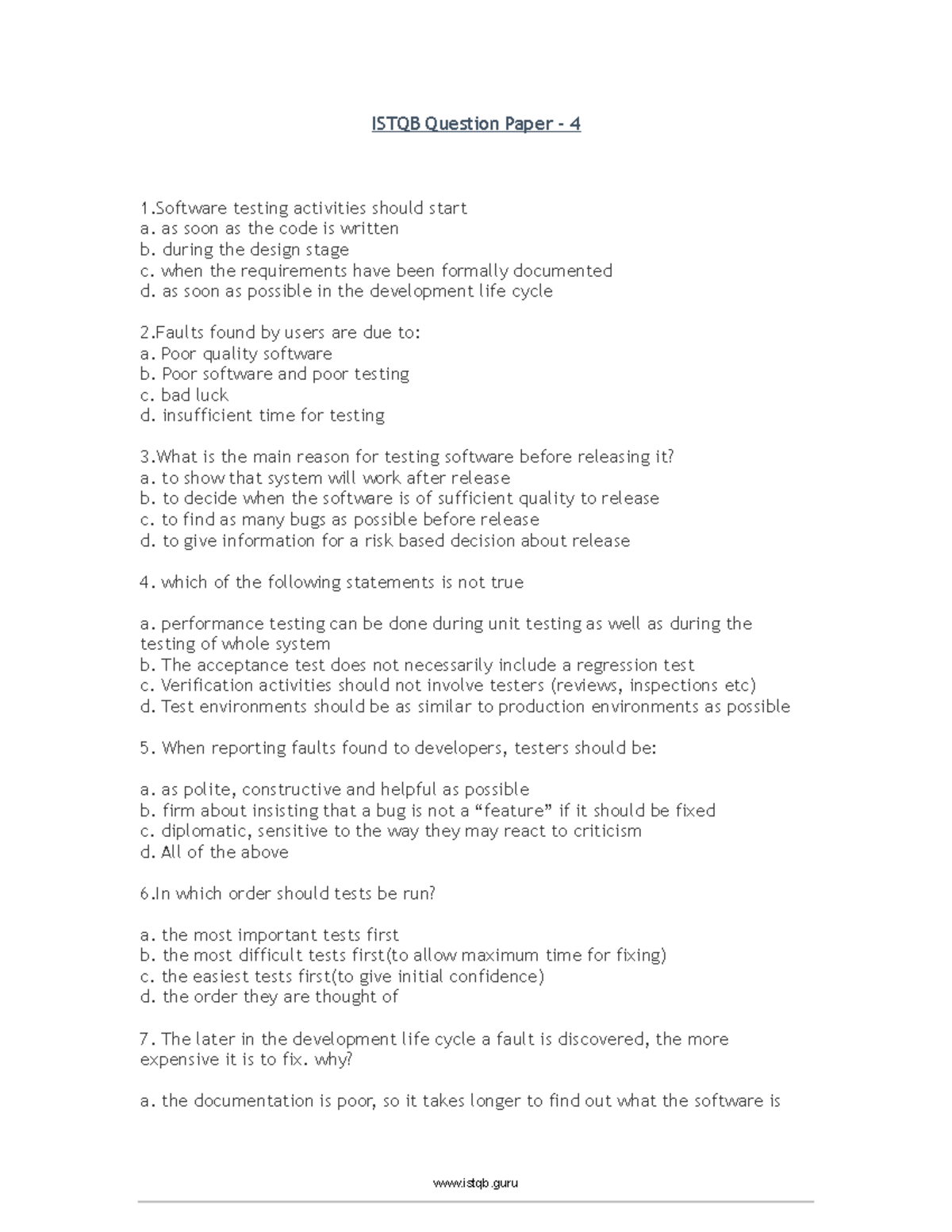 ISTQB Question Paper 4: Essential Software Testing Concepts - Studocu