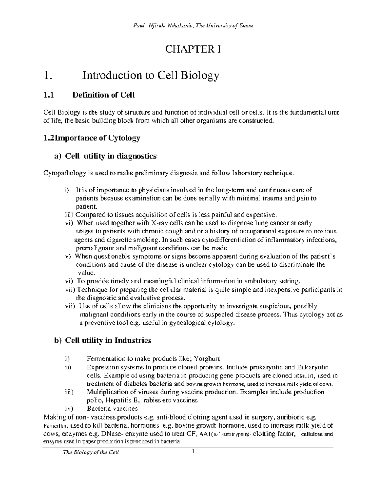 Cytology CH1: Introduction to Cell Biology and Its Applications - Studocu
