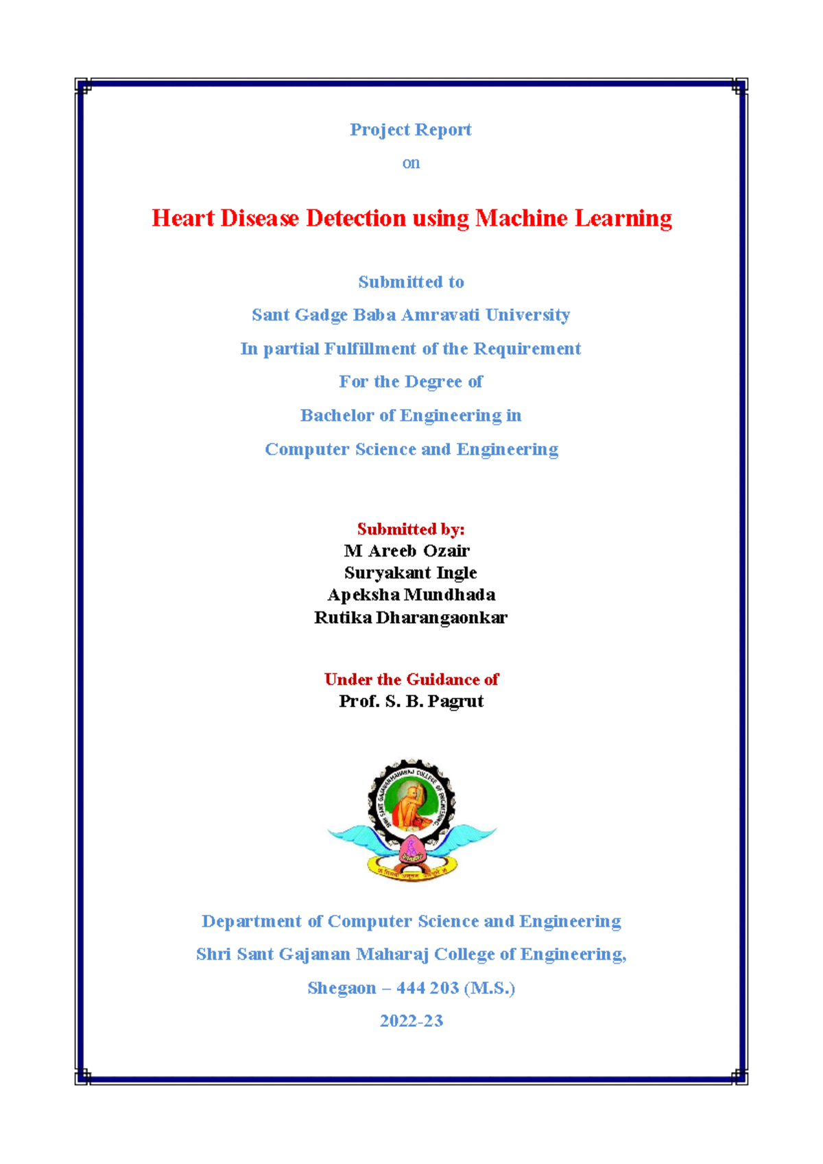 Heart Disease Detection Using ML: Project Report for BE CSE - Studocu