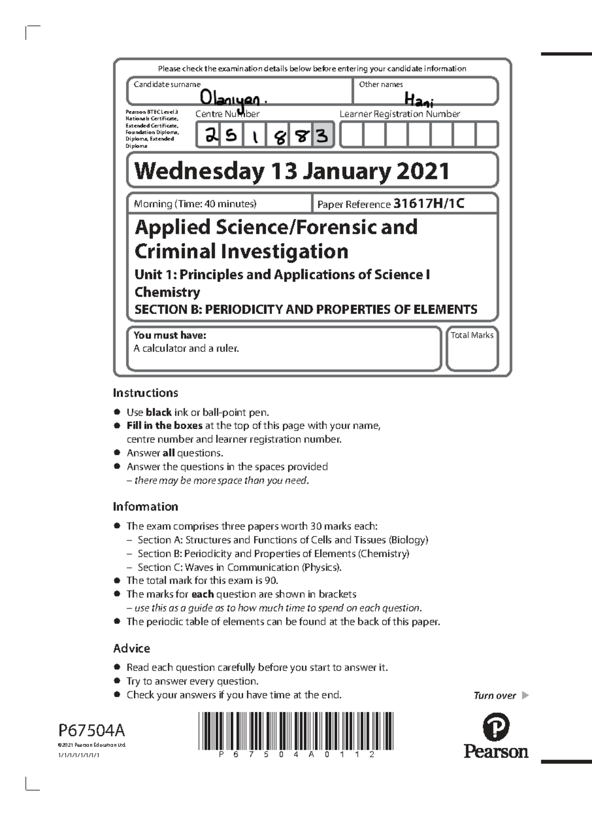 BTEC Level 3 Applied Science Unit 1 Exam Paper - January 2021 - Studocu