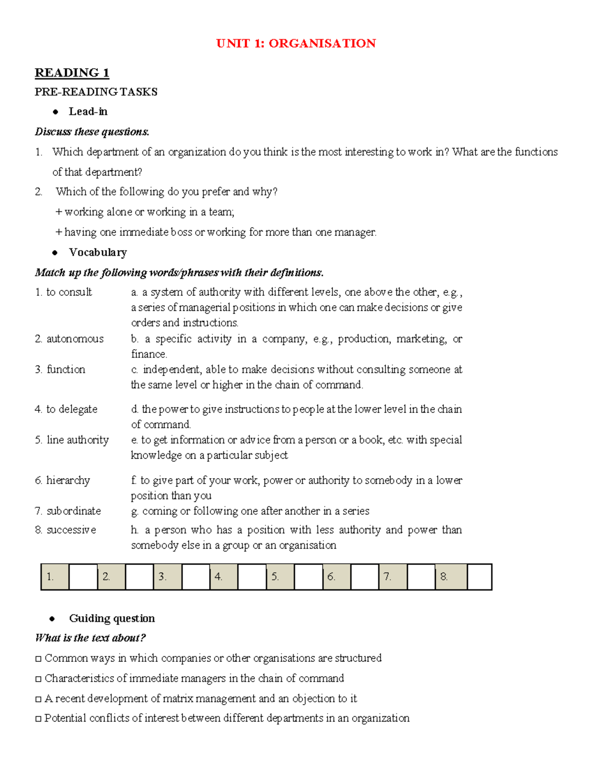 Reading Unit 1: Organizational Structure and Management Concepts - Studocu