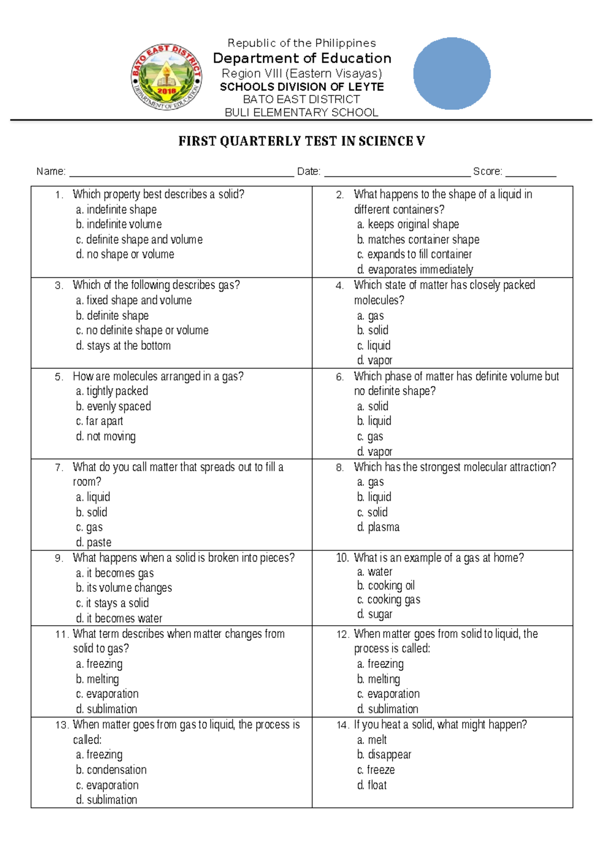 1ST Periodical Test in Science V (1st Quarter) - Studocu