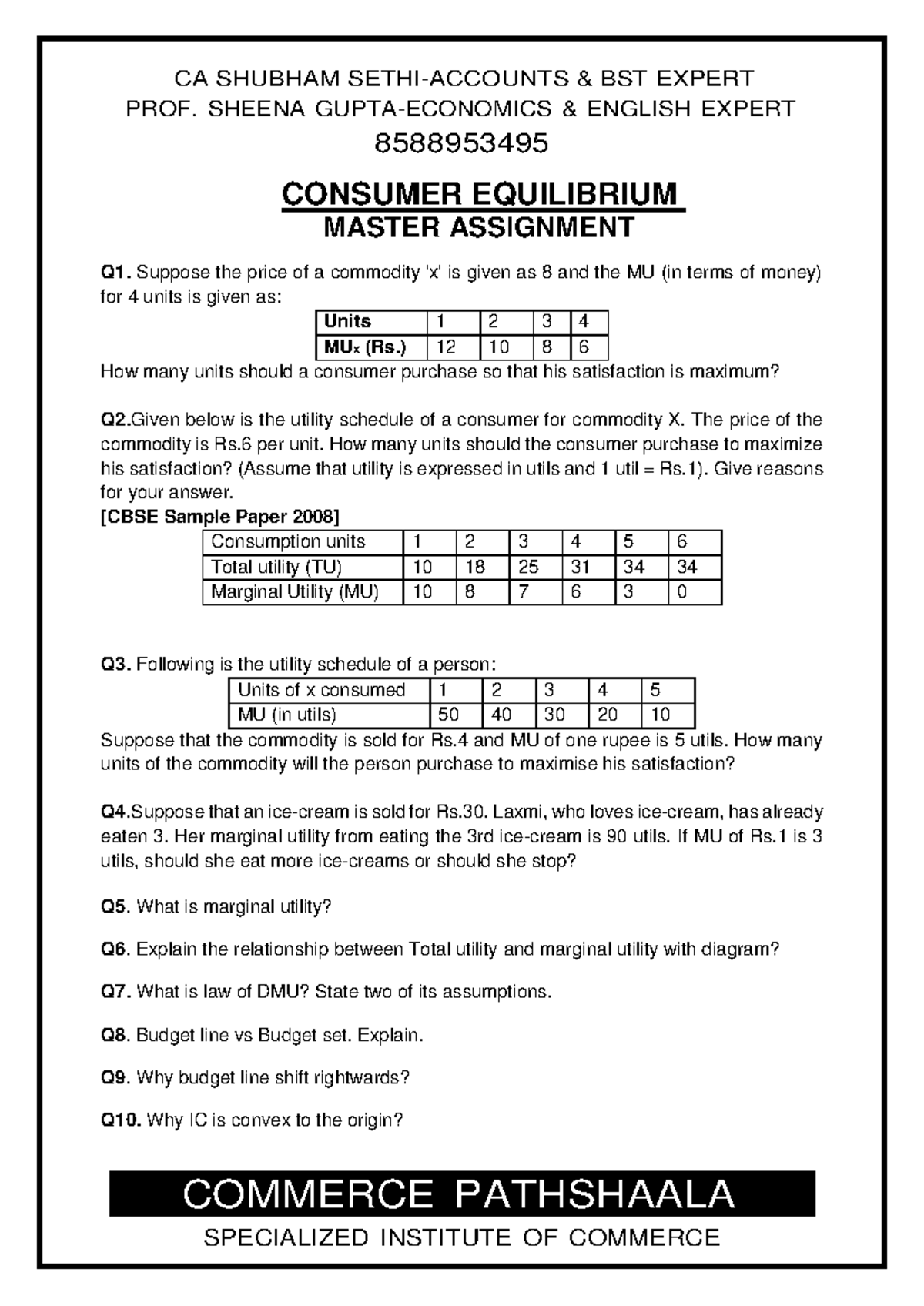 CA Consumer Equilibrium Master Assignment: Utility Analysis & Questions ...