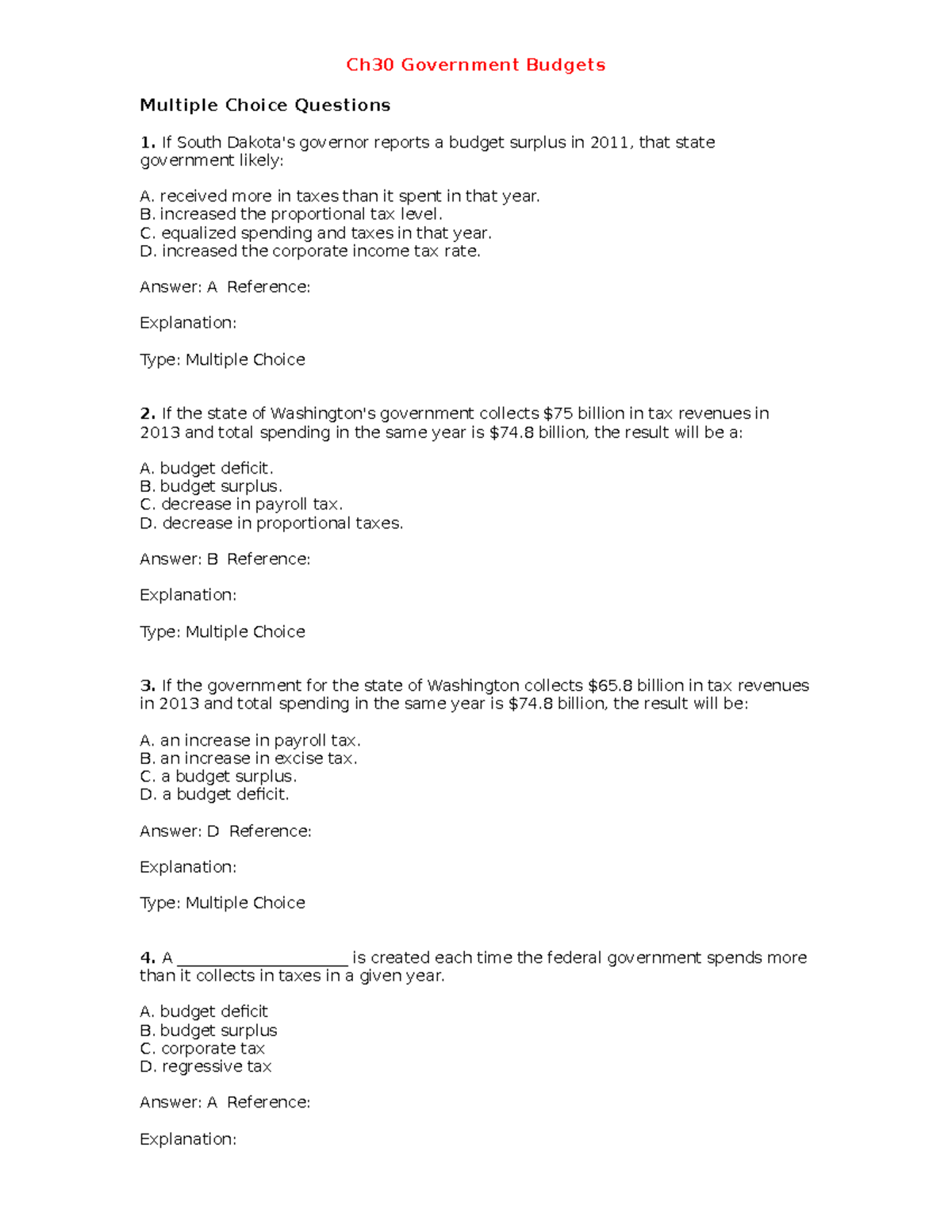 Ch30 Government Budgets - Ch30 Government Budgets Multiple Choice ...