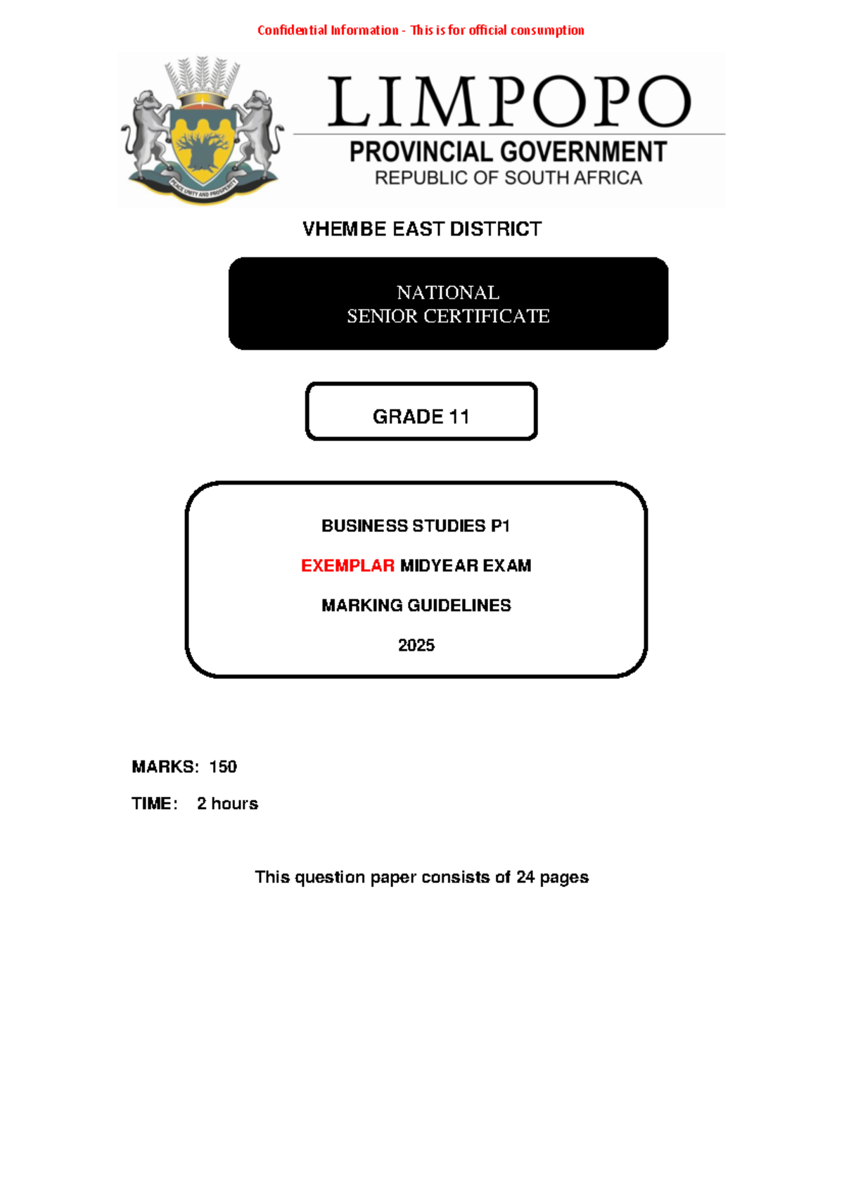 Grade 11 BSTD P1 Exemplar Midyear Exam Marking Guidelines 2025 - Studocu