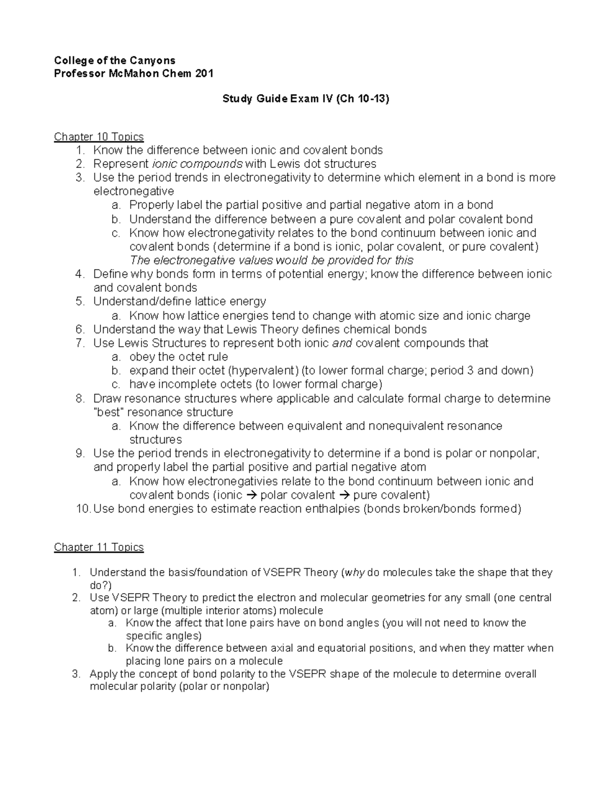 Chem 201 Study Guide: Exam IV Topics from Chapters 10 to 13 - Studocu