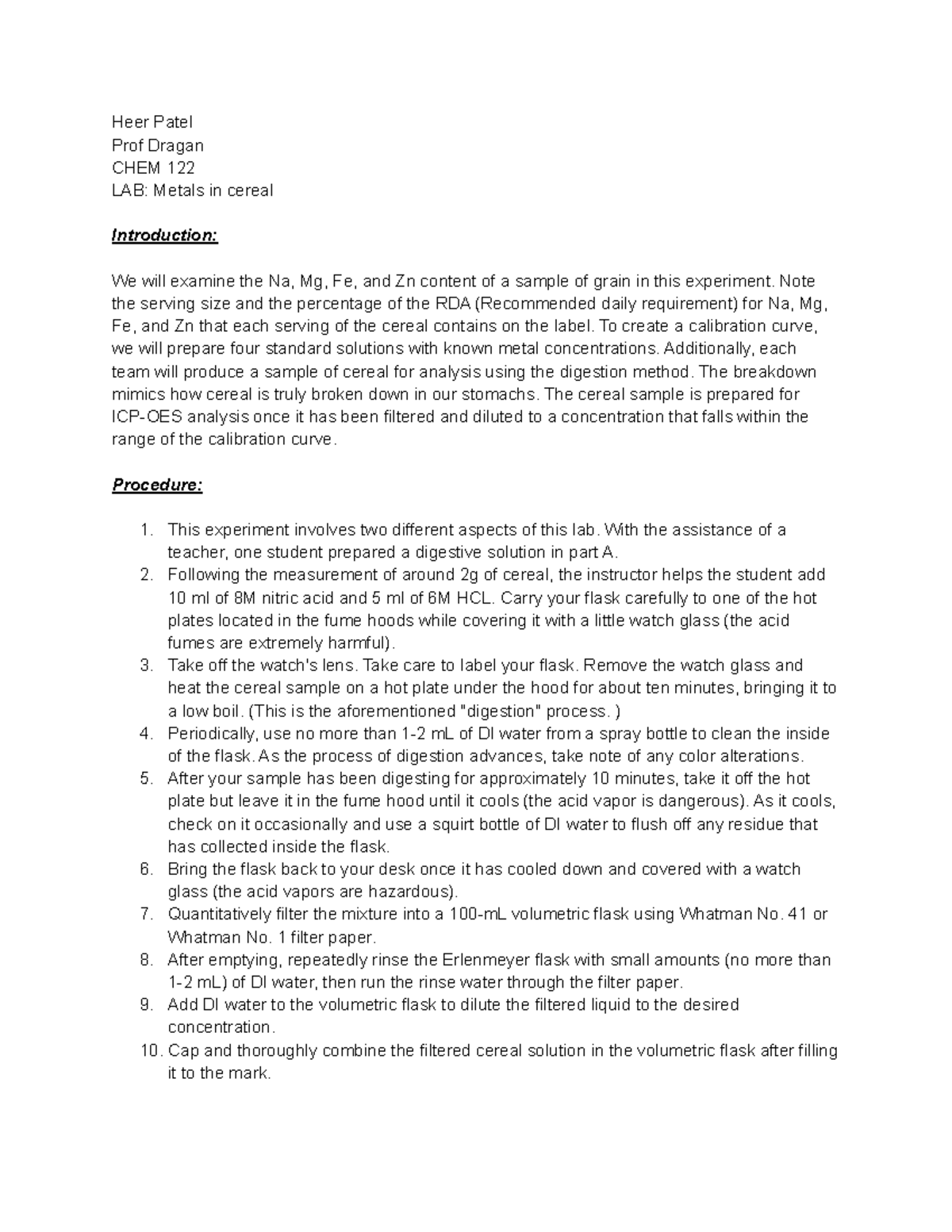 CHEM 122 Lab Report: Analyzing Metal Content in Cereal Samples - Studocu