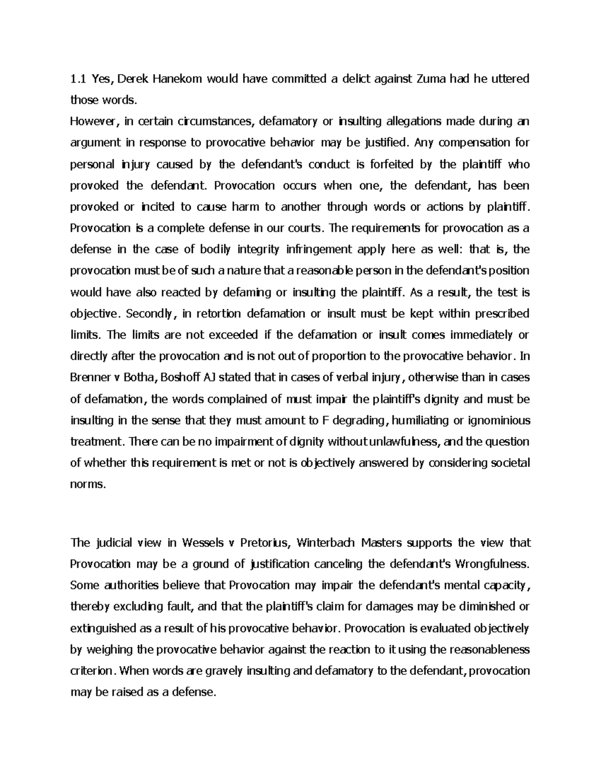 Law of Delict: Provocation and Defamation in Legal Context - Studocu