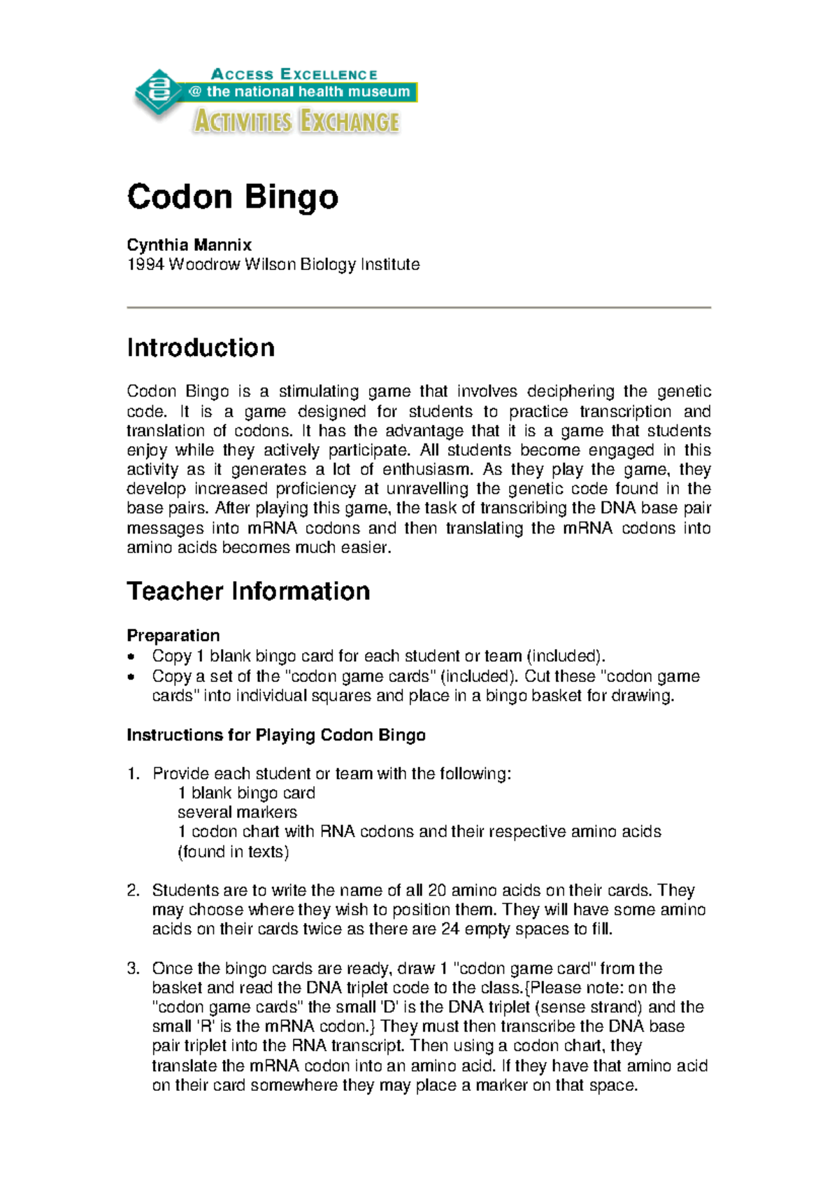 Codon Bingo Game Instructions - Bio 038346 Activities Guide - Studocu