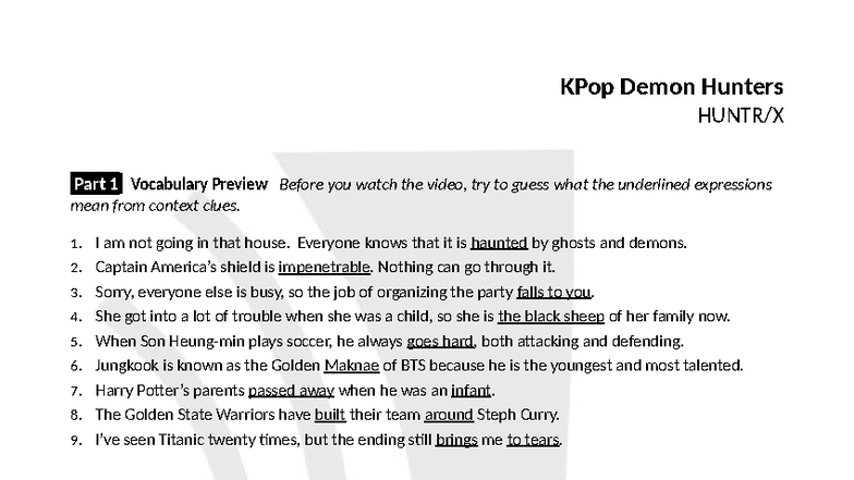 KPop Demon Hunters Part 1: Vocabulary & Comprehension Guide - Studocu