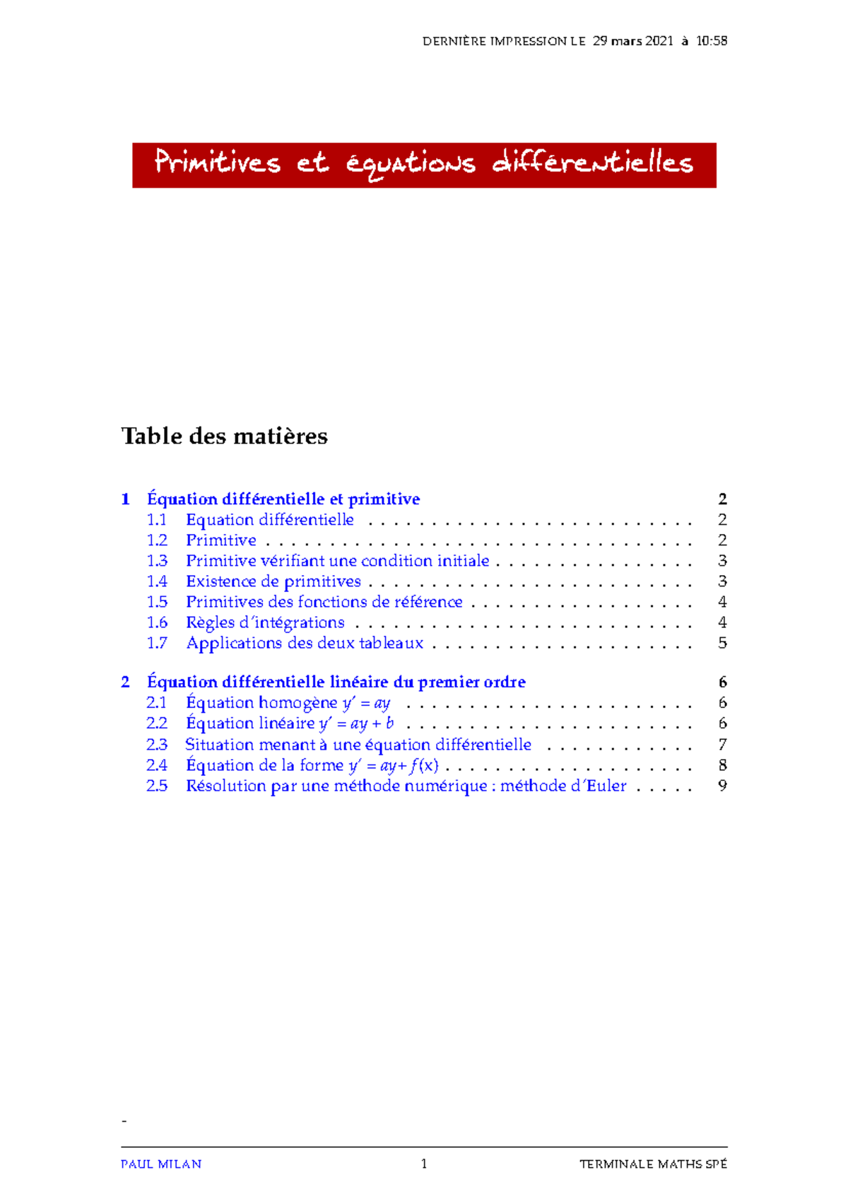 Cours de Primitives et Équations Différentielles - TERMINALE MATHS SPÉ ...