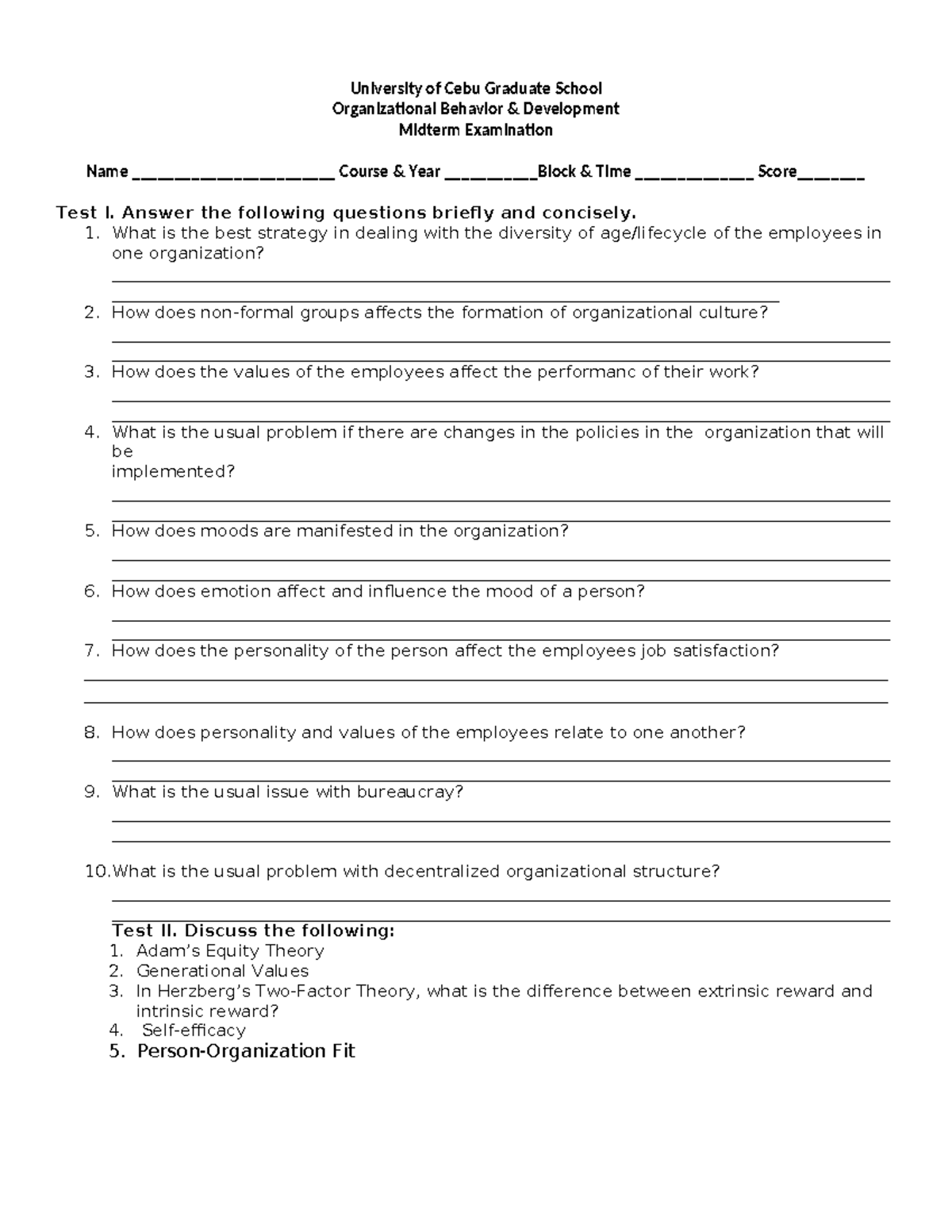 UC Graduate School Org Behavior Development Midterm Exam - Studocu