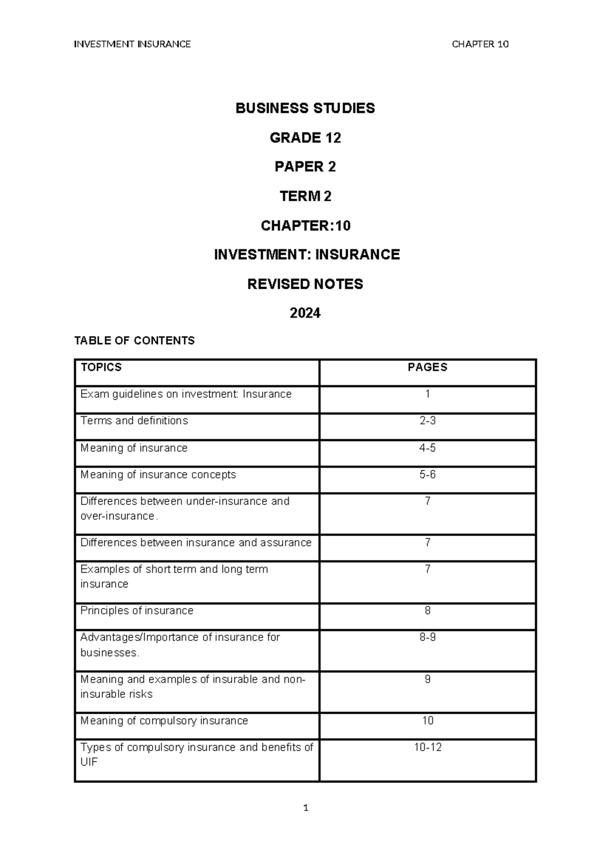 Chapter 10 Revised Notes on Investment: Insurance - Grade 12 BSTD 2024 ...