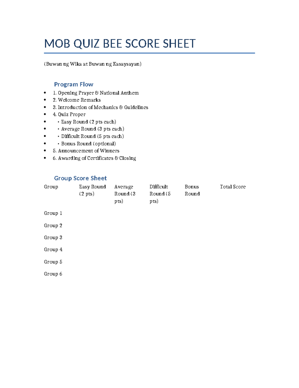MOB Quiz Bee Score Sheet - MOB QUIZ BEE SCORE SHEET (Buwan ng Wika at Buwan ng Kasaysayan) 📘 ...