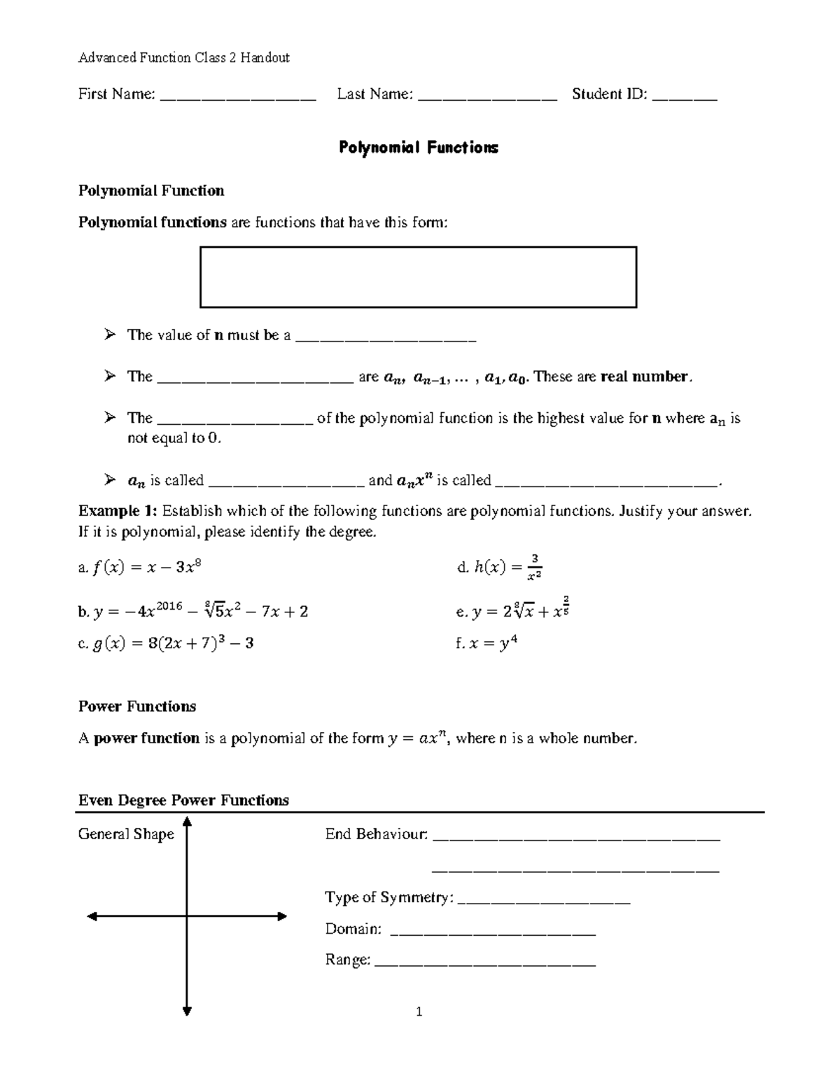 Class 02 Advanced Functions: Polynomial Functions Overview Handout ...