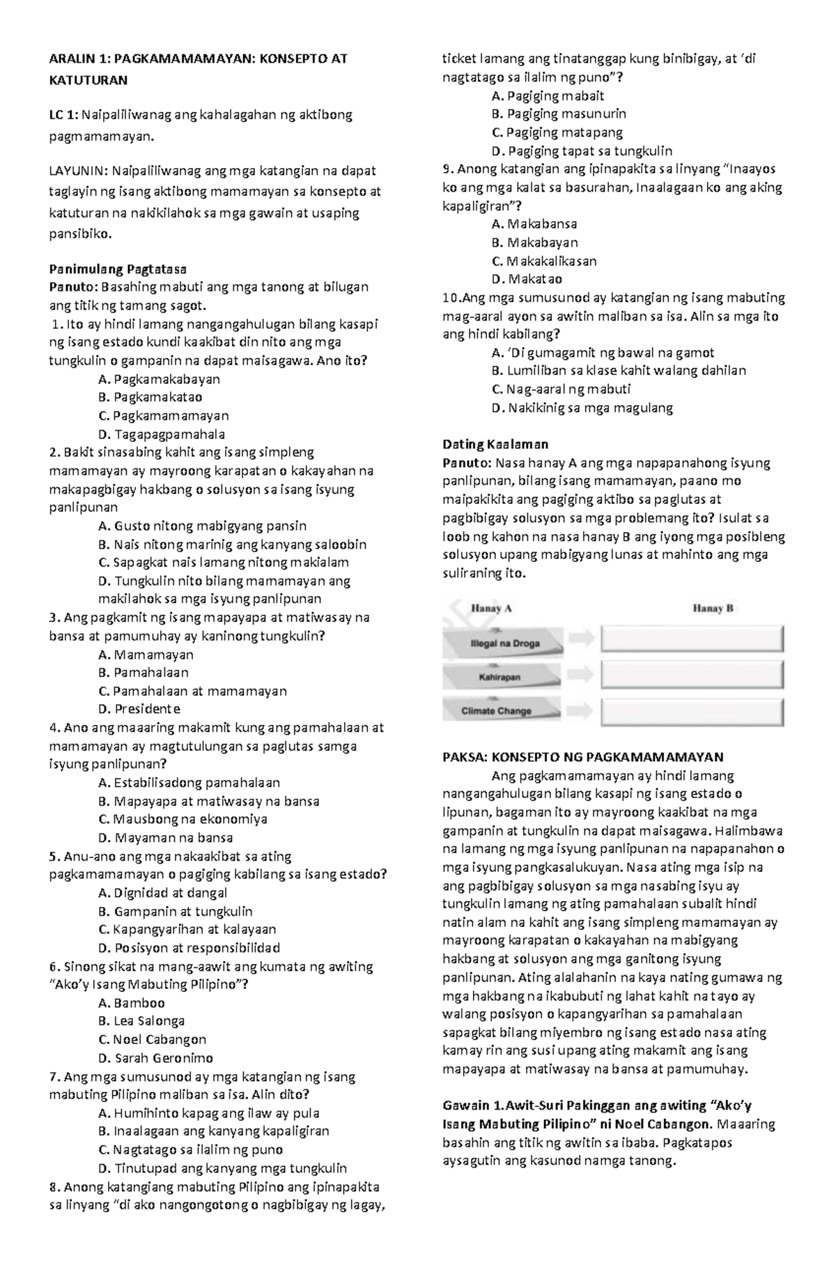 AP-10 Handouts: Aralin sa Pagkamamamayan (Kons. at Katuturan) - Studocu