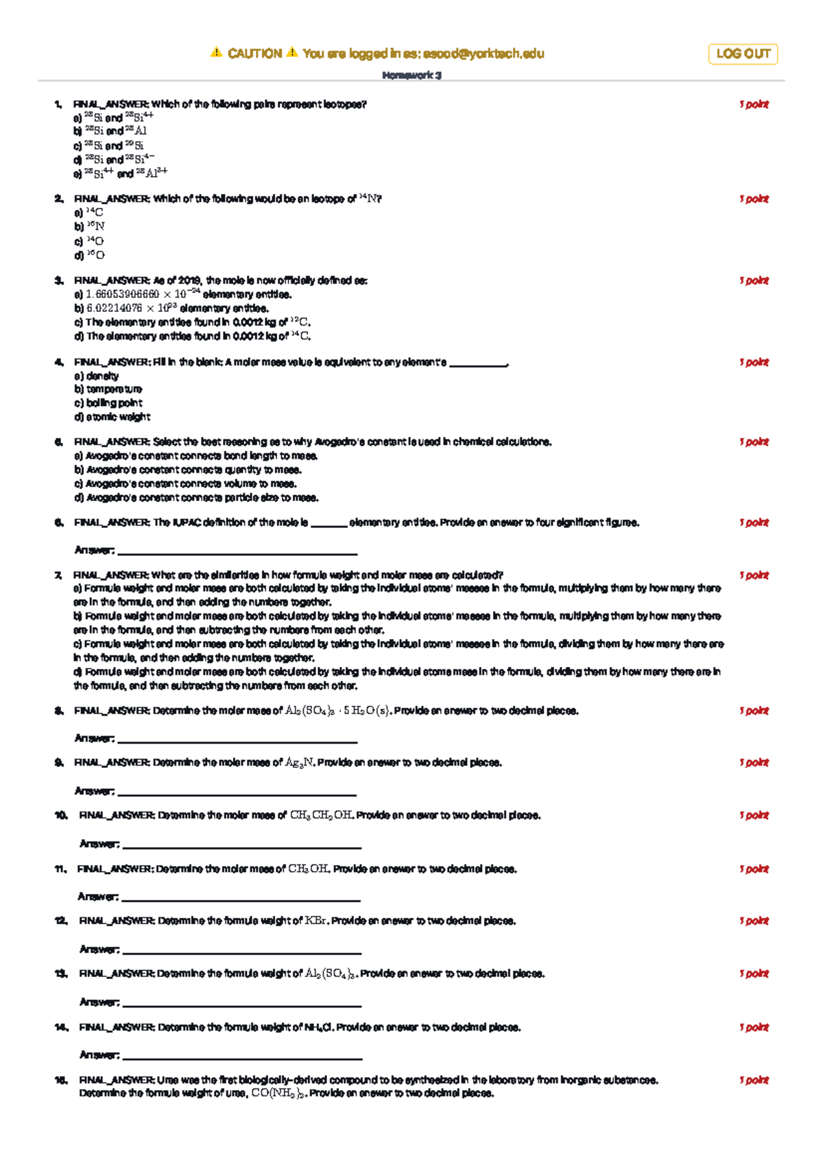 Chemistry Homework 3: Isotopes and Molar Mass Calculations - Studocu