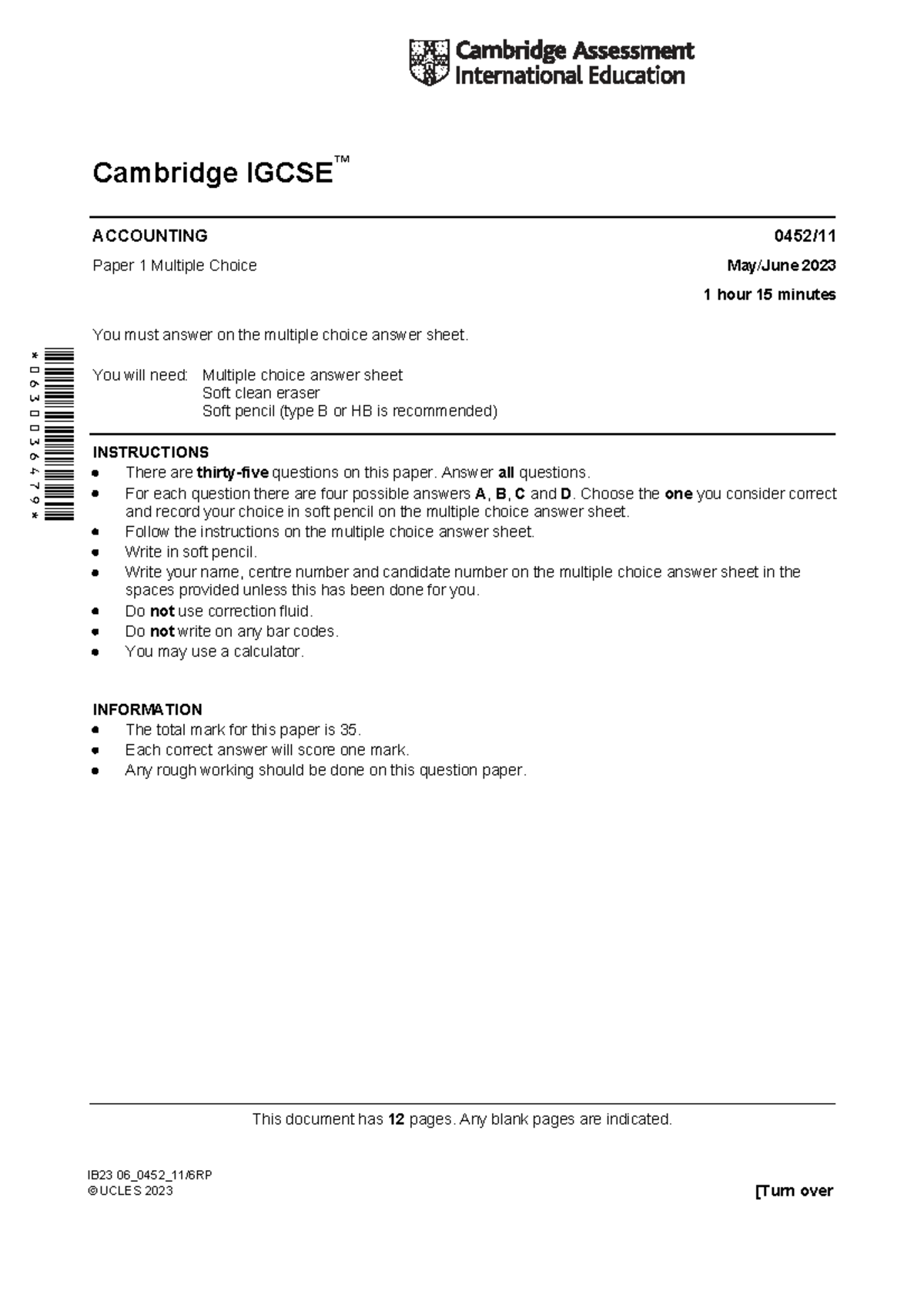 Cambridge ACCOUNTING Paper 1 MCQ 2023 - 1 Hour 15 Min Exam - Studocu