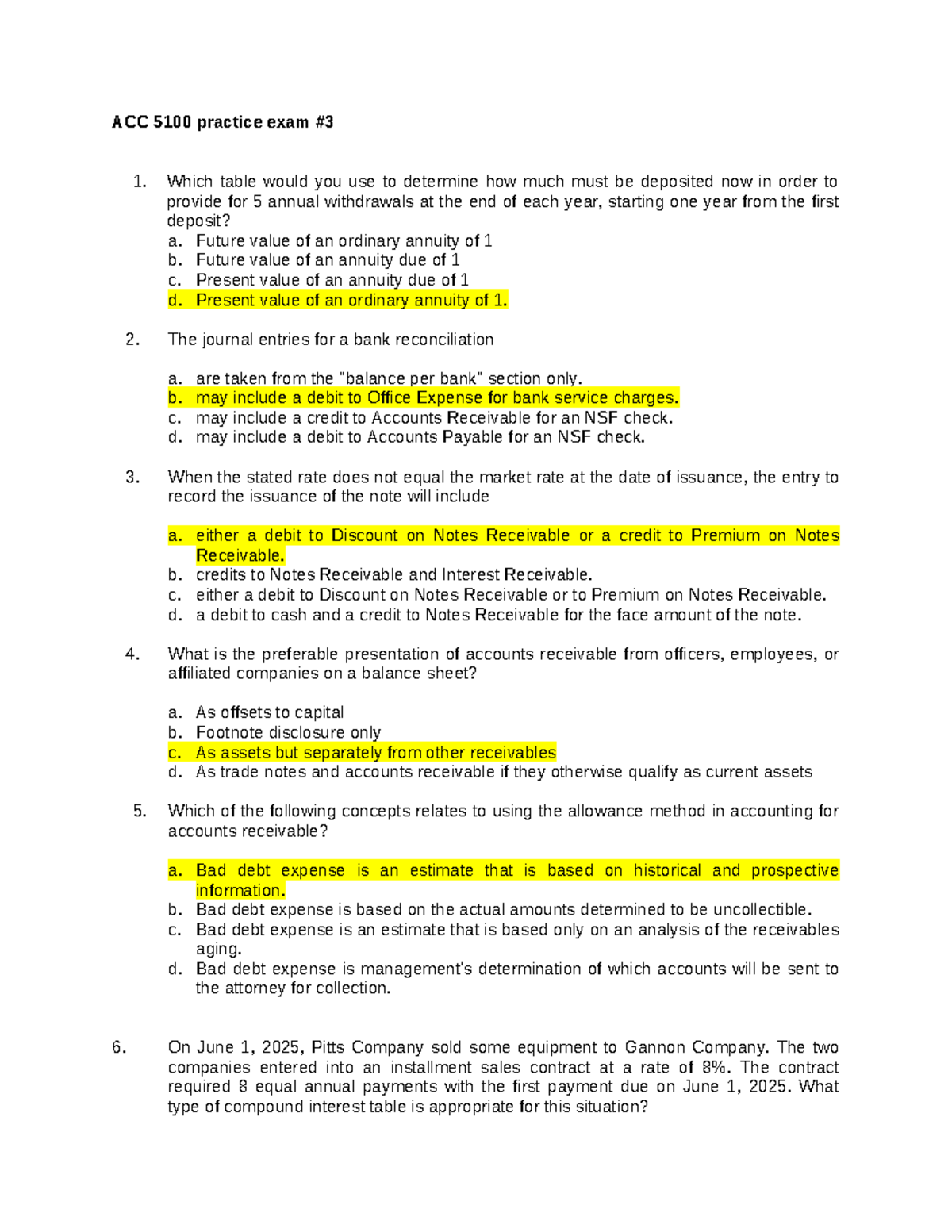 3ACC 5100 practice Exam 3 student 111024 - ACC 5100 practice exam # 1 ...