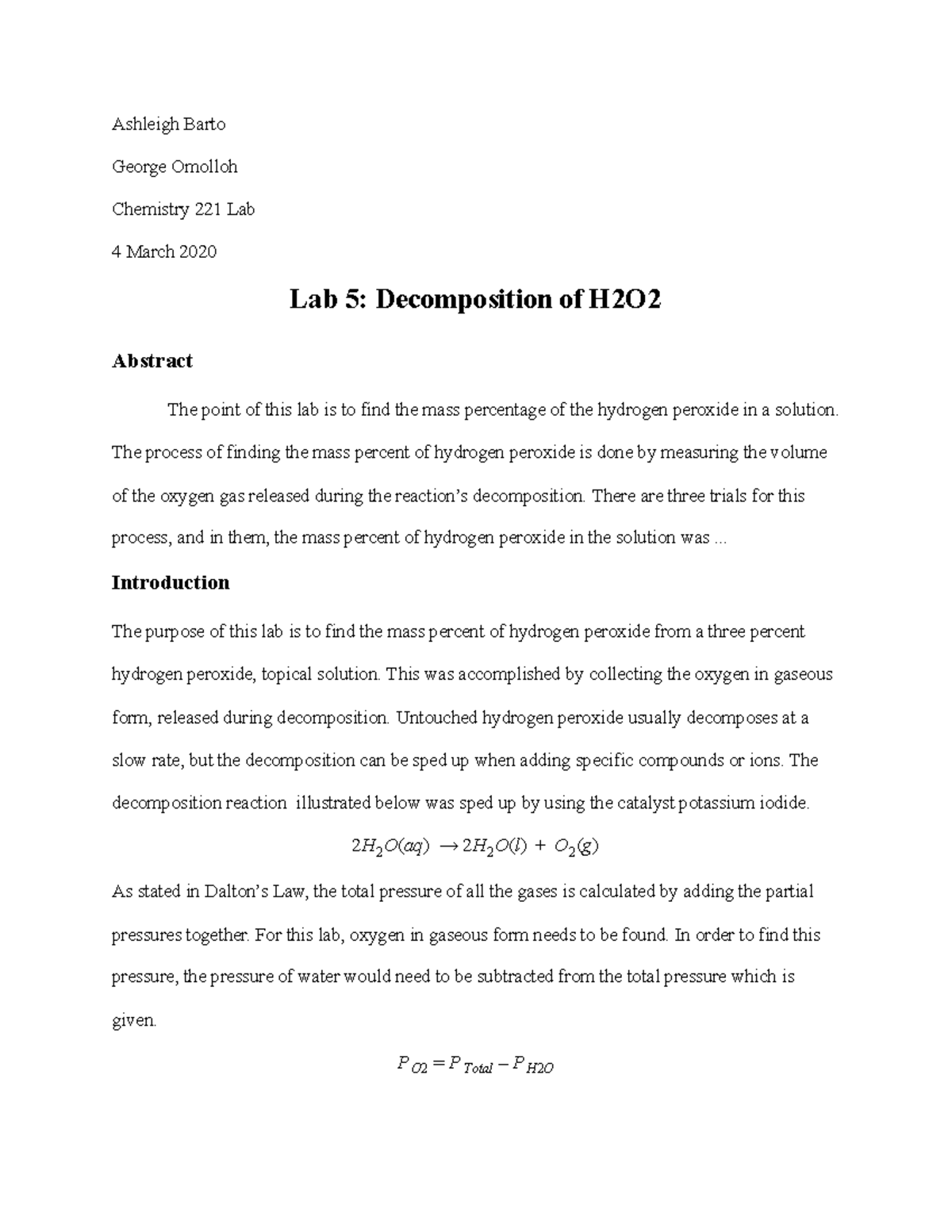 Chemistry 221 Lab: Mass Percent of H2O2 via Decomposition Reaction ...