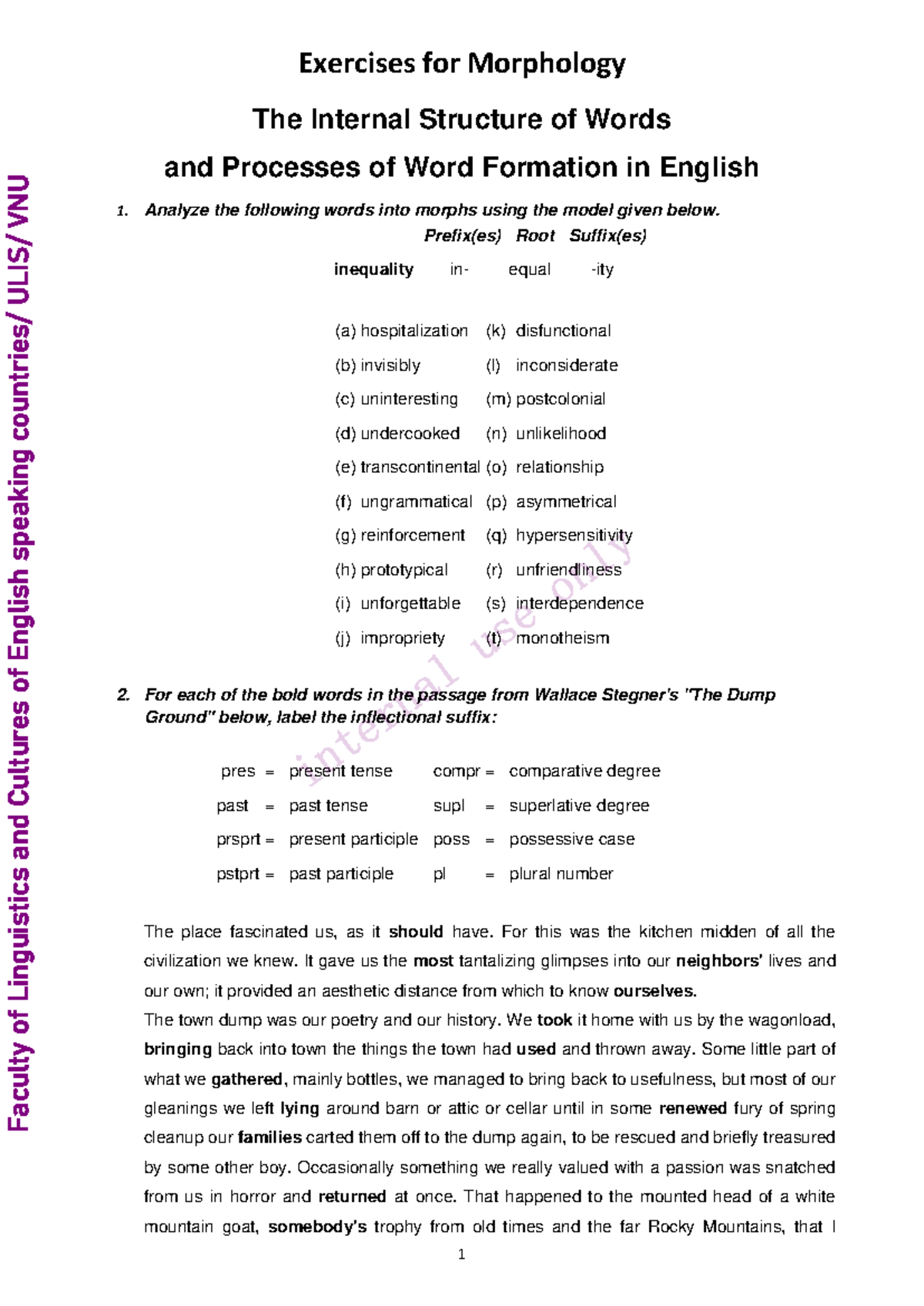Exercises for Morphology (Linguistics 101) - Word Formation Analysis ...