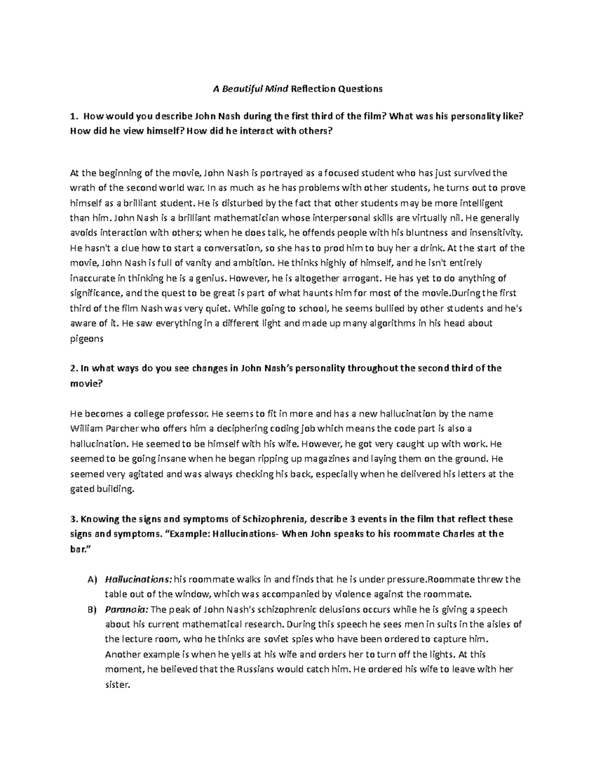 PSY 470 Final Exam Reflection Questions on "A Beautiful Mind" - Studocu