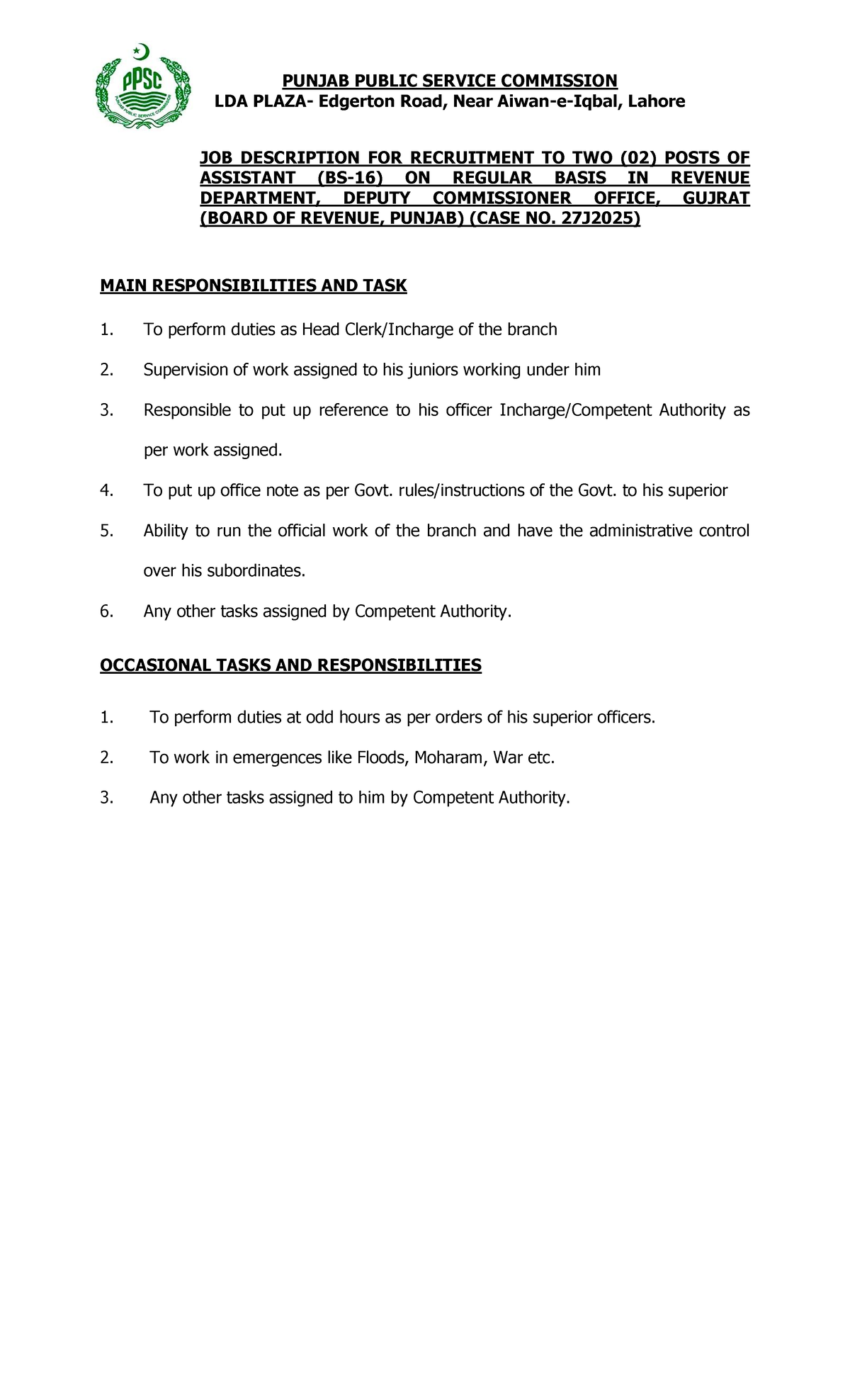 JD27J2025: Job Description for Assistant Posts in Revenue Dept. - Studocu