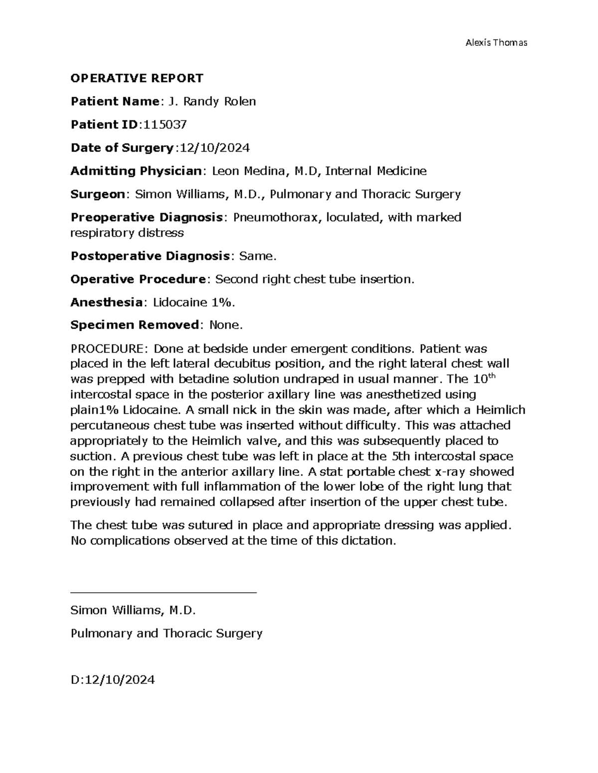 Operative Report: Case 10 - J. Randy Rolen's Chest Tube Insertion - Studocu