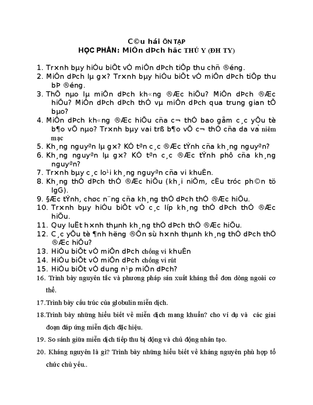 ÔN TẬP MIỄN DỊCH HỌC THÚ Y (ĐH TY): Đề Cương Chi Tiết - Studocu