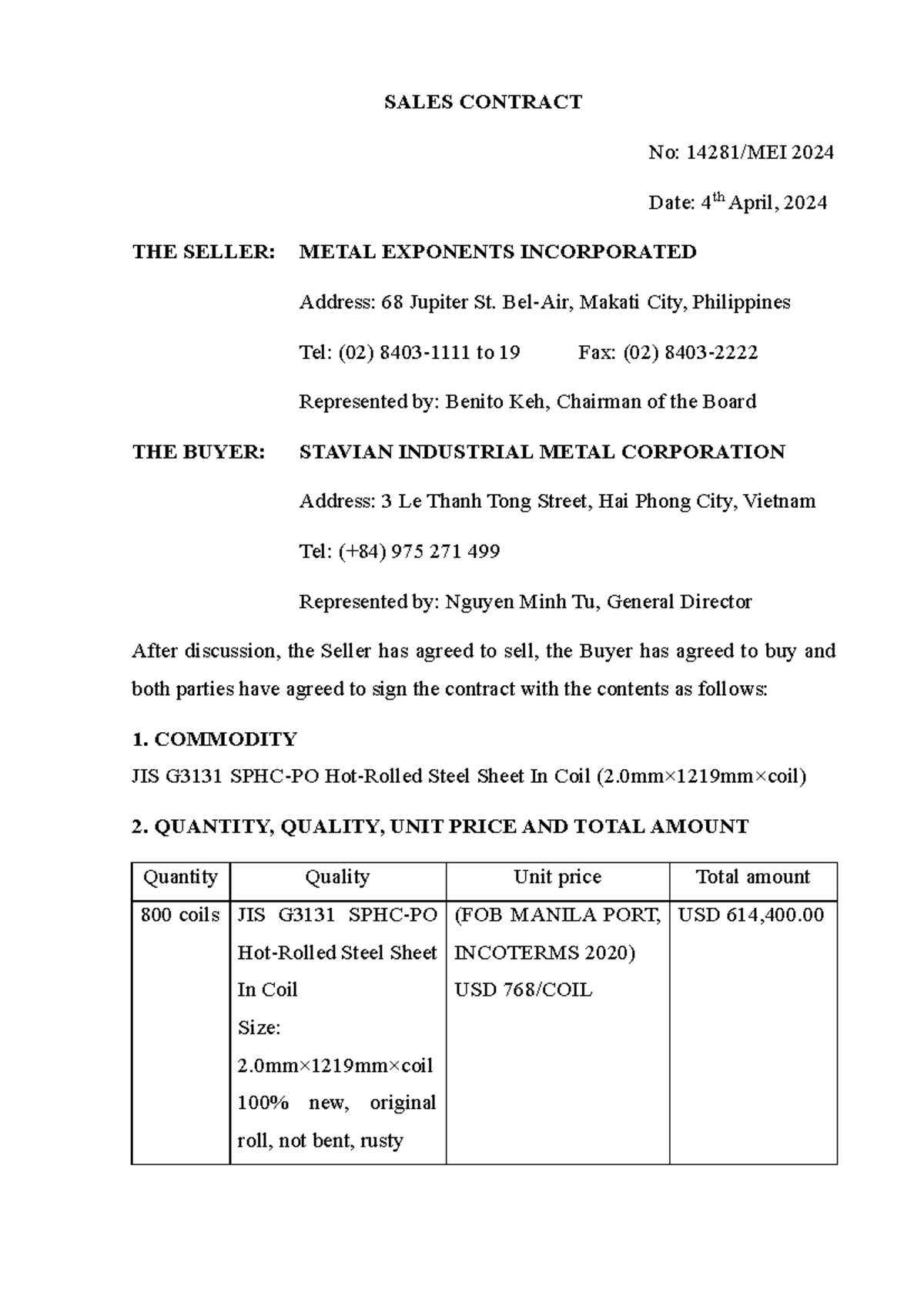 NHÓM 2 - Hđtm điều khoản FOB - SALES CONTRACT No: 14281/MEI 2024 Date ...
