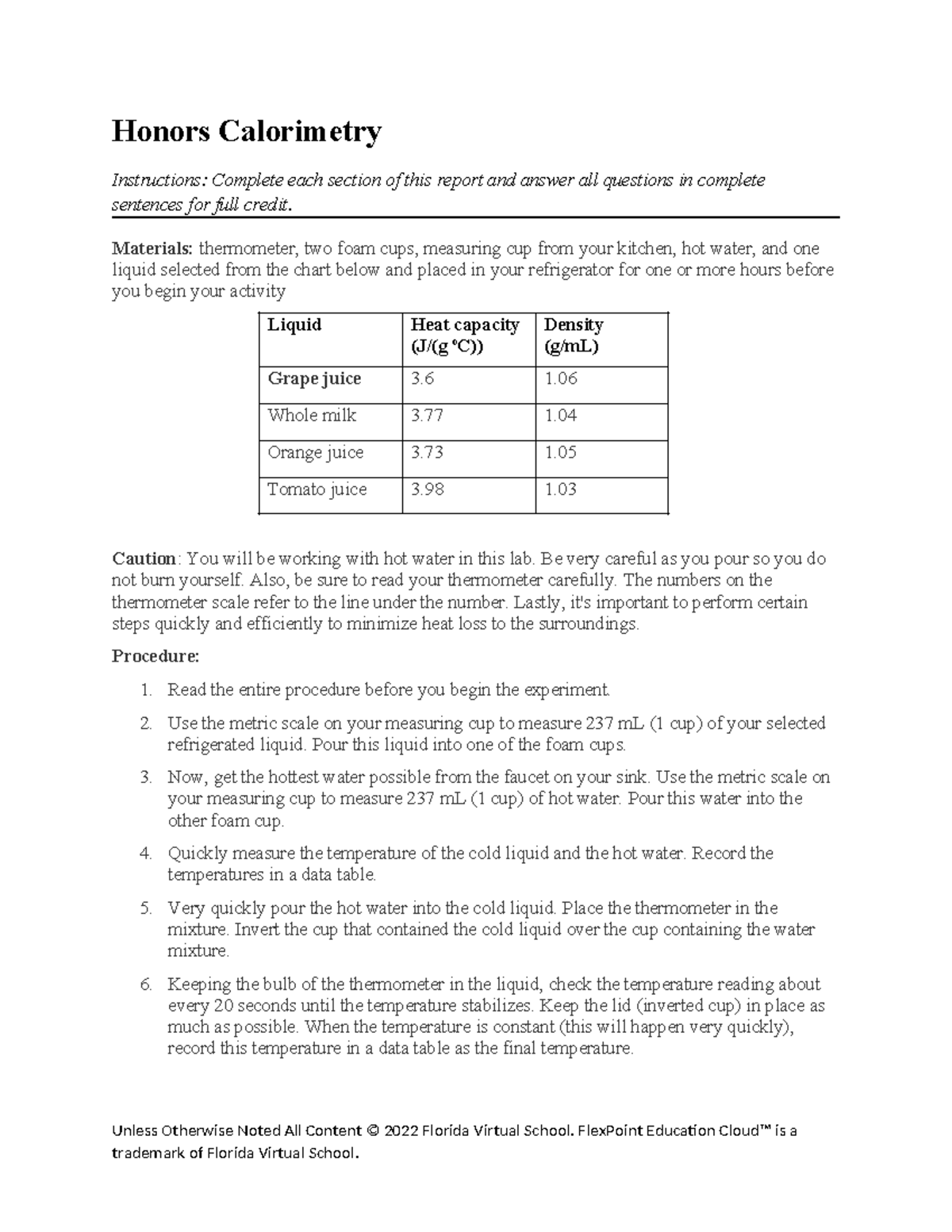 Honors Calorimetry Lab Instructions - 07 03 Worksheet - Studocu