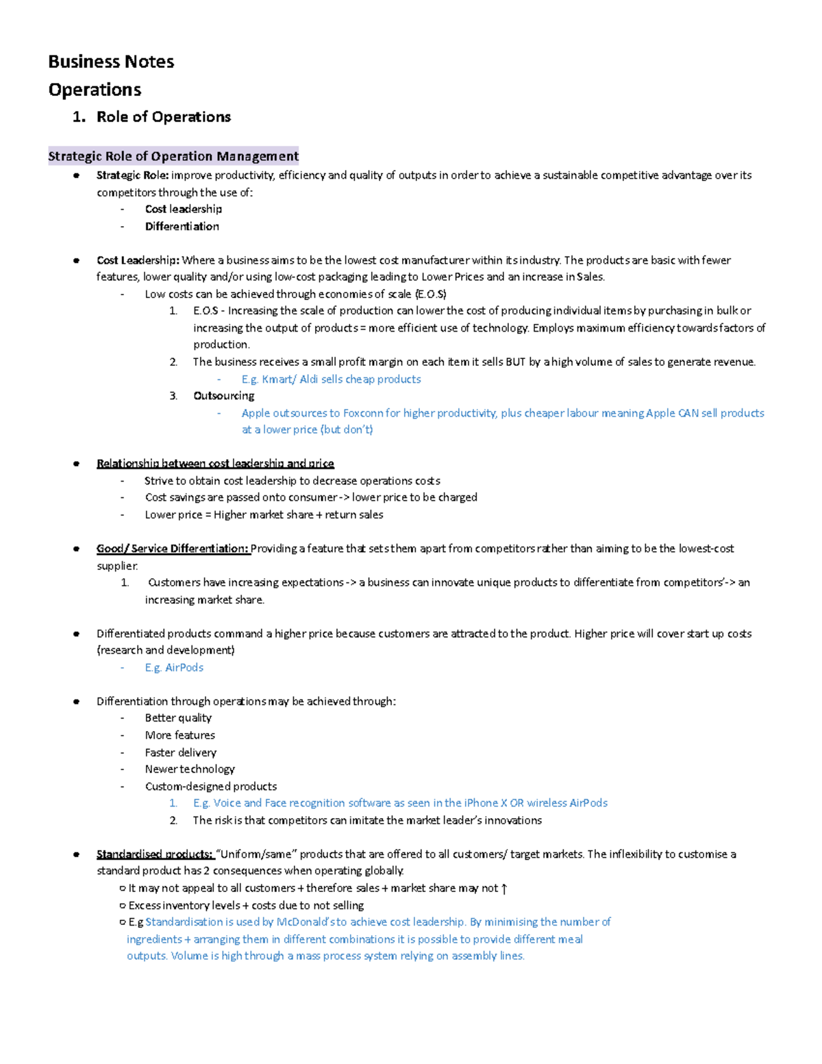 Business Notes: Strategic Role of Operations Management (BUS101) - Studocu