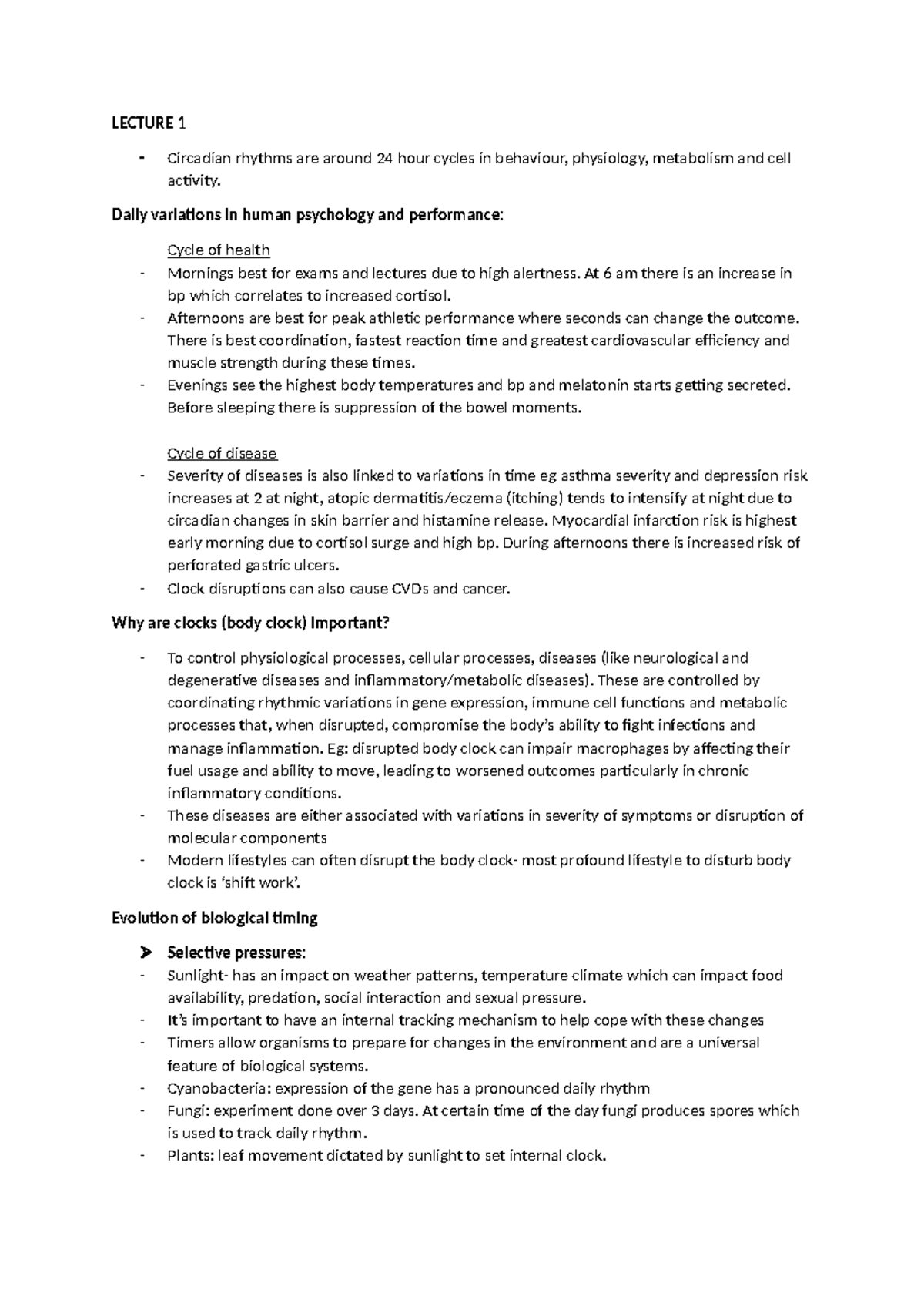 LECTURE NOTES: Circadian Rhythms and Biological Clocks (Course Code ...