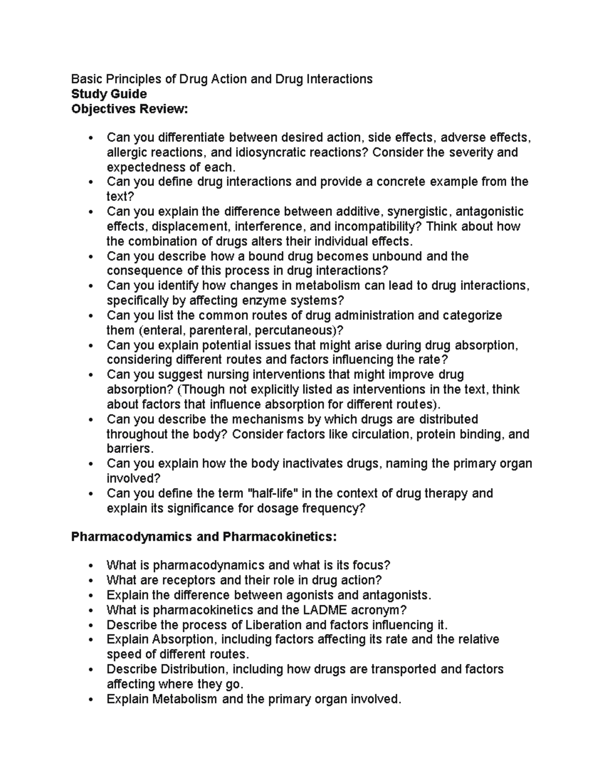 Study Guide: Basic Principles of Drug Action & Interactions (PHARM 101 ...