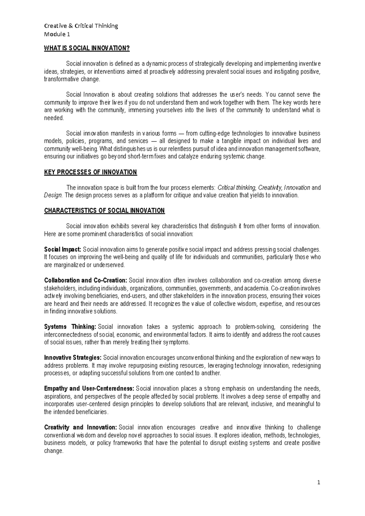 Creative Critical Thinking Module 1: Understanding Social Innovation ...