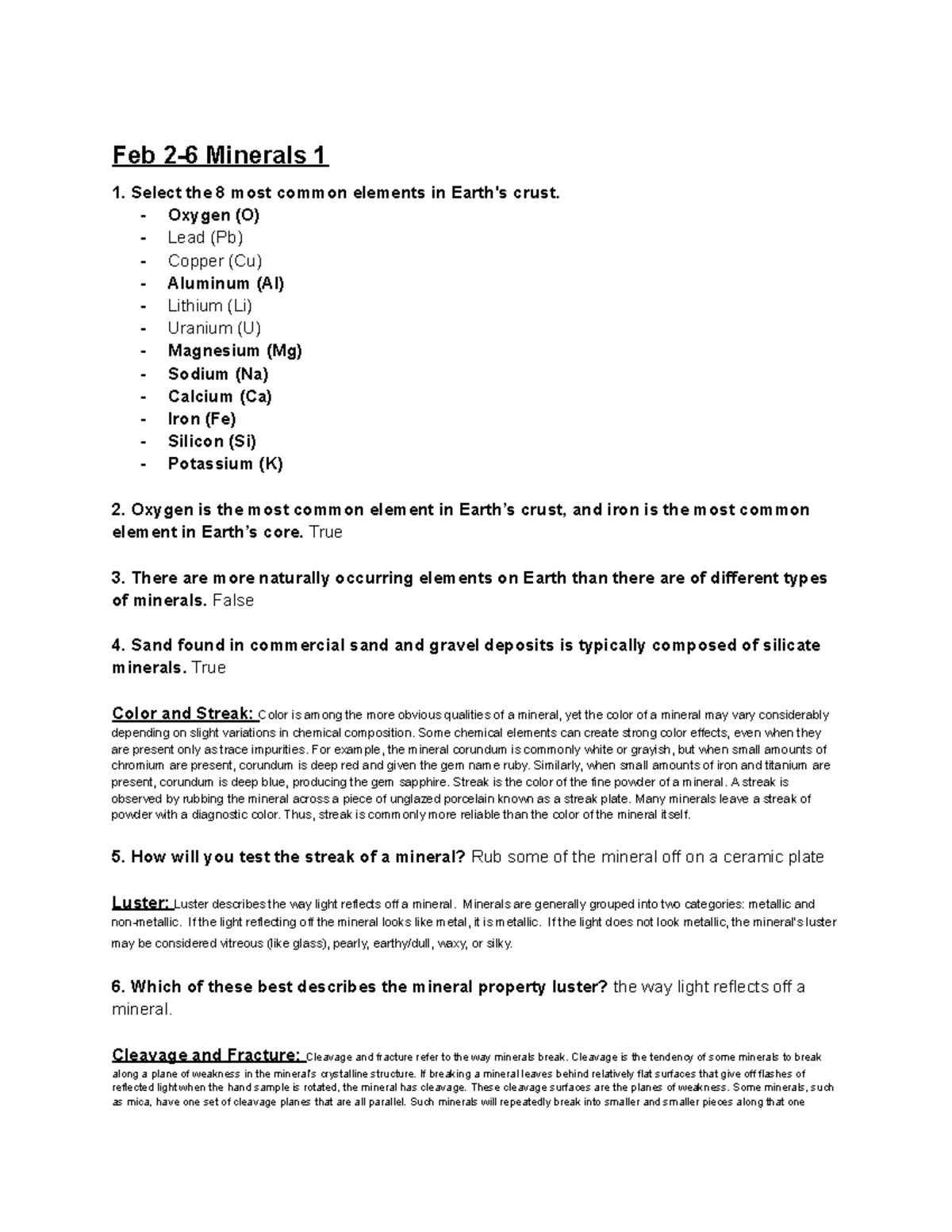 GEO LAB - Common Elements and Properties of Minerals - Studocu