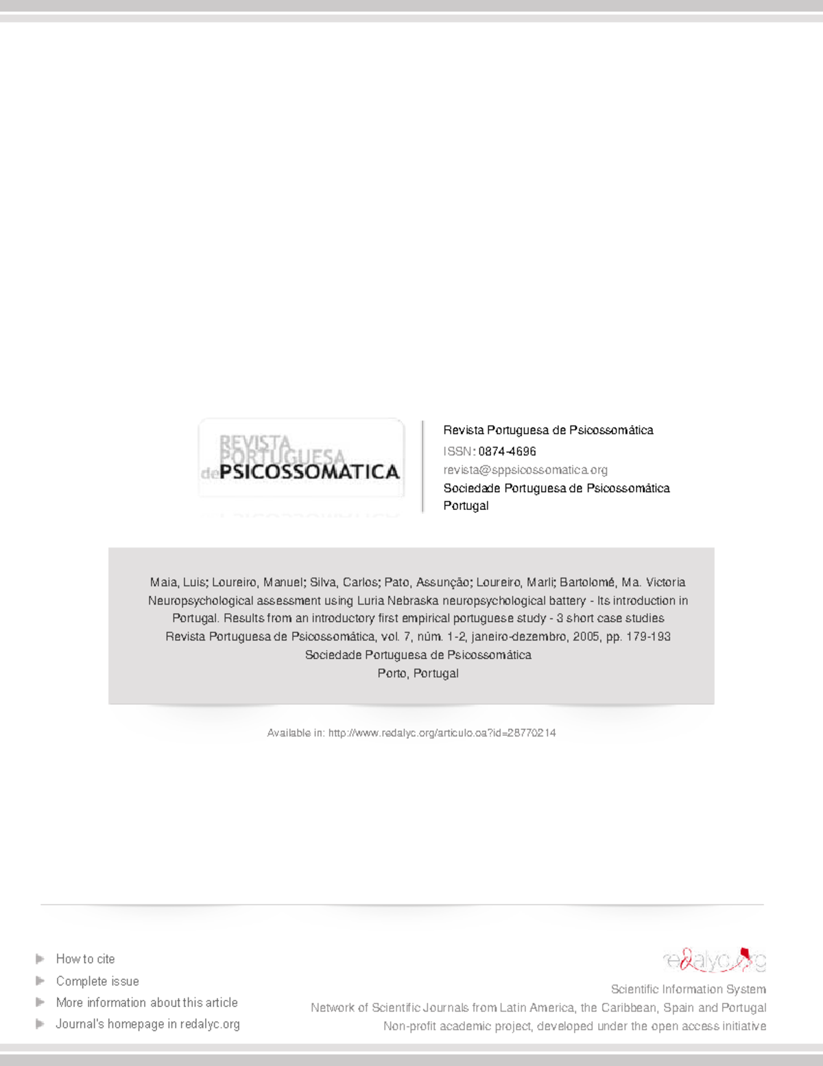 Luria Nebraska Neuropsychological Battery: First Portuguese Study ...